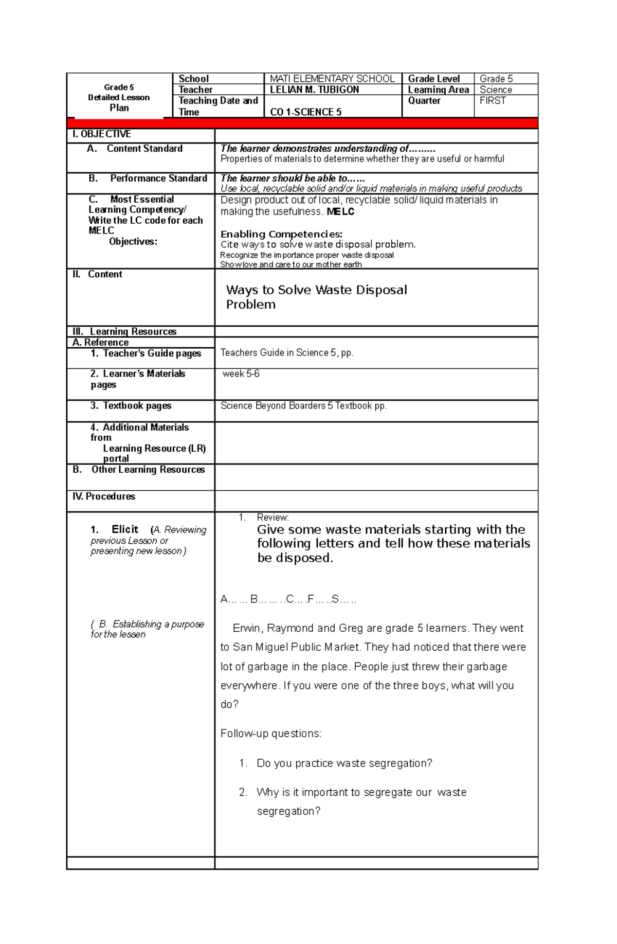 CO 1 Science 5 - Waste Disposal Problem - School MATI ELEMENTARY SCHOOL ...