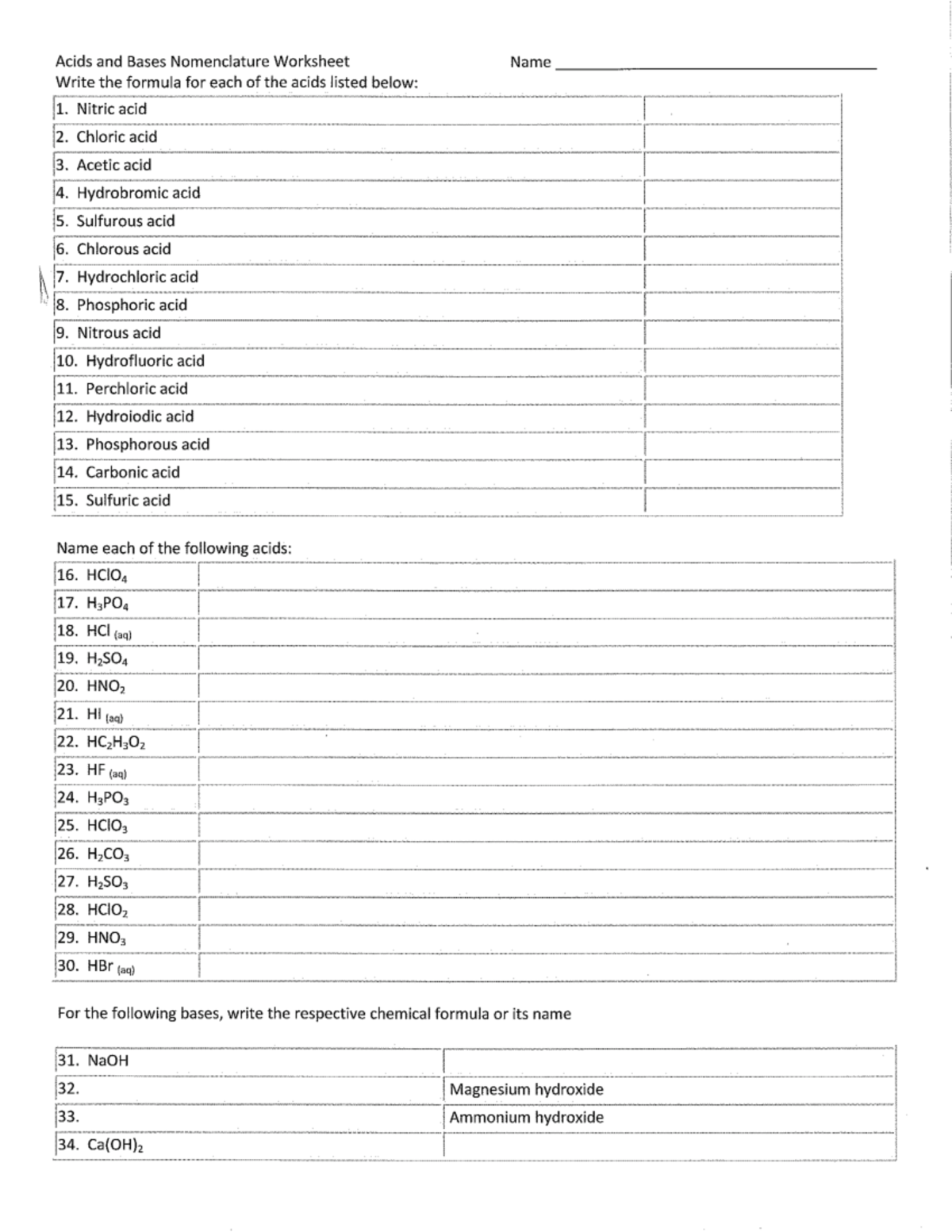 Acid&Base Worksheet - review - Chemistry 1301A/B - Studocu