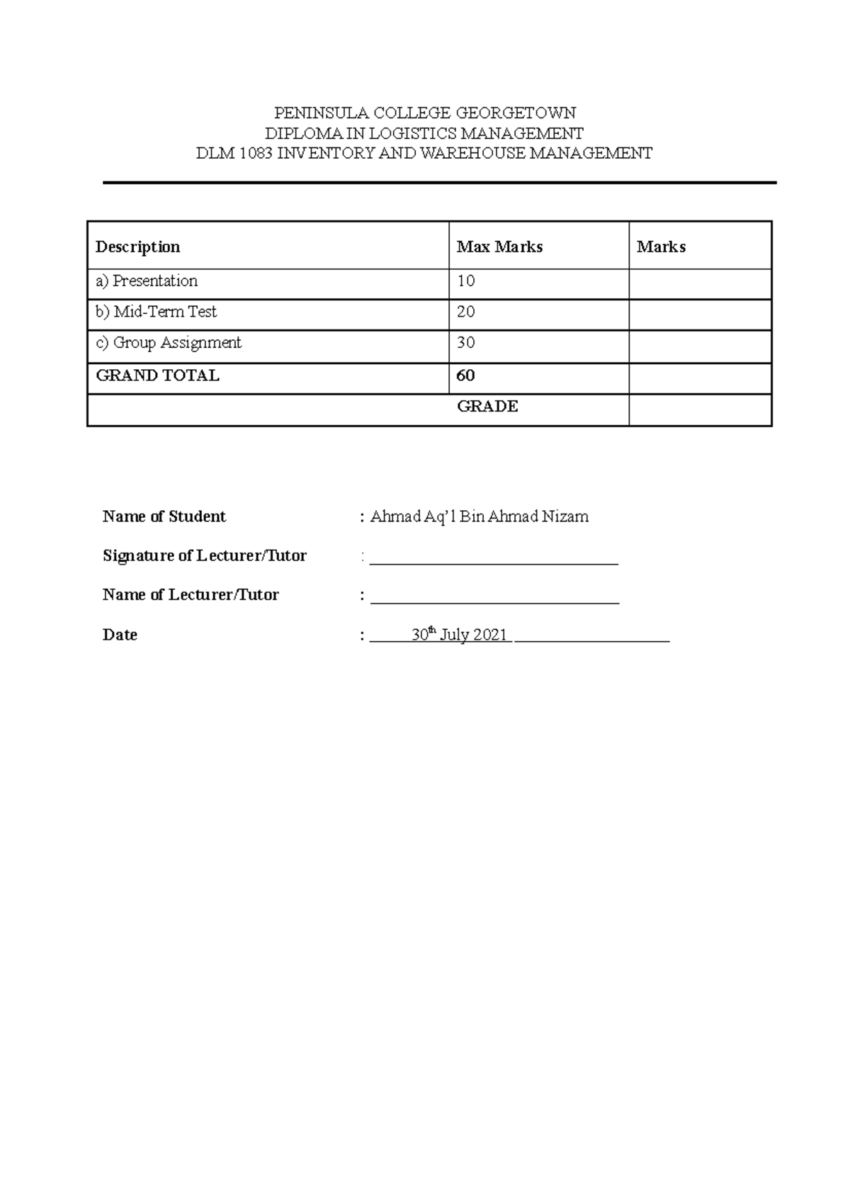 Logistic Inventory Warehouse management Assignment. - PENINSULA COLLEGE ...