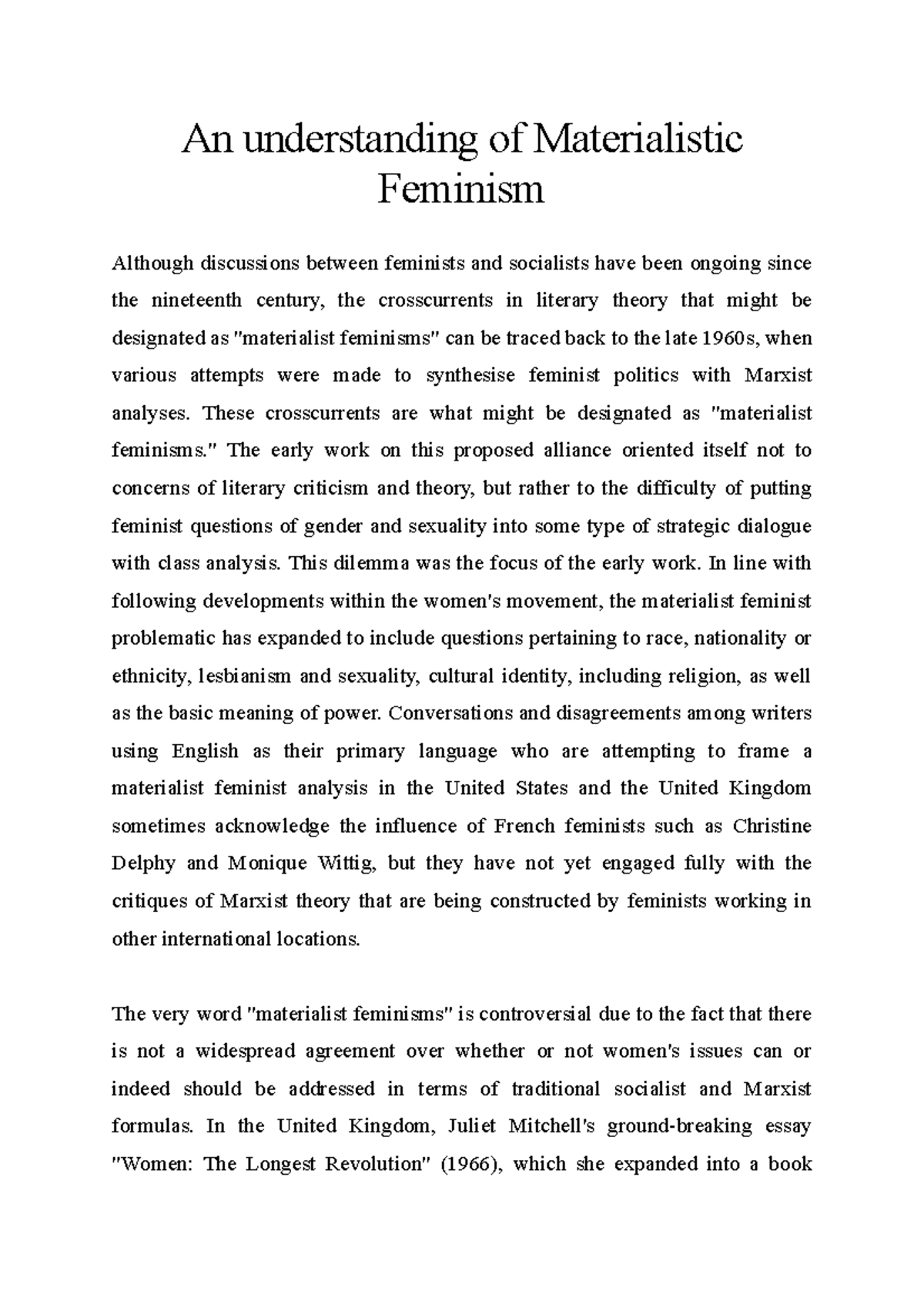 An understanding of Materialistic Feminism - An understanding of ...