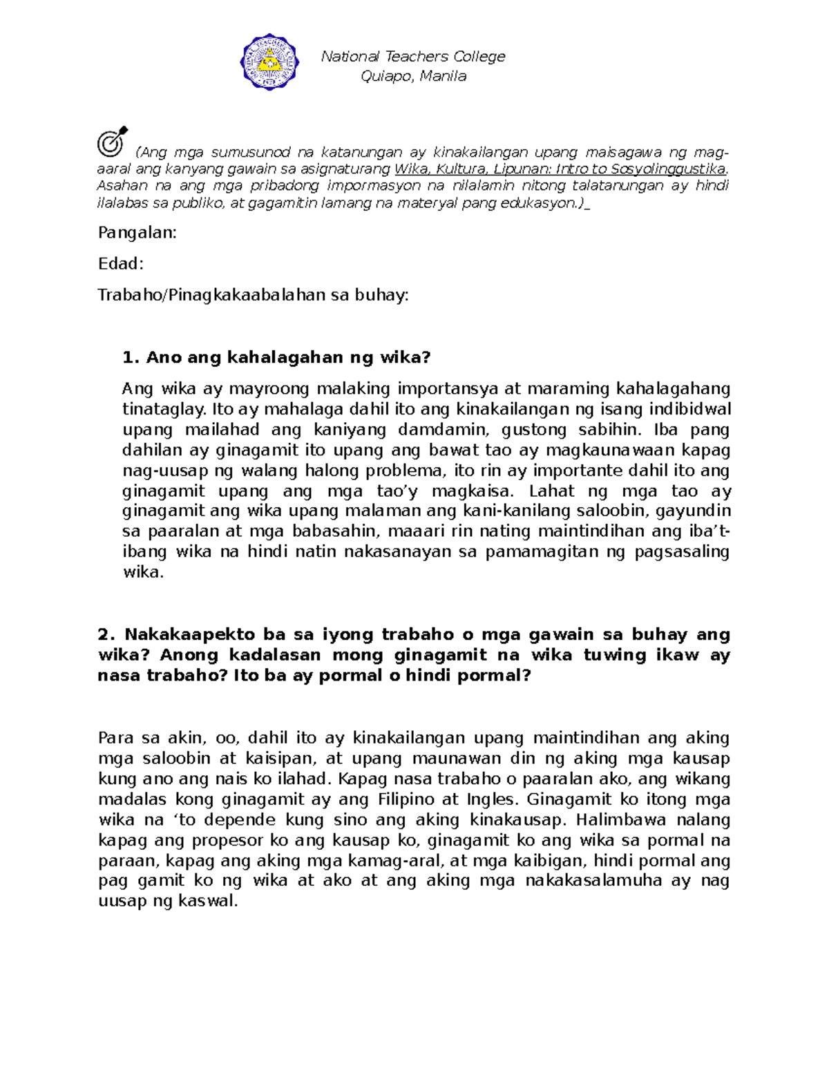 Talatanungan at kaunting kasagutan - National Teachers College Quiapo ...