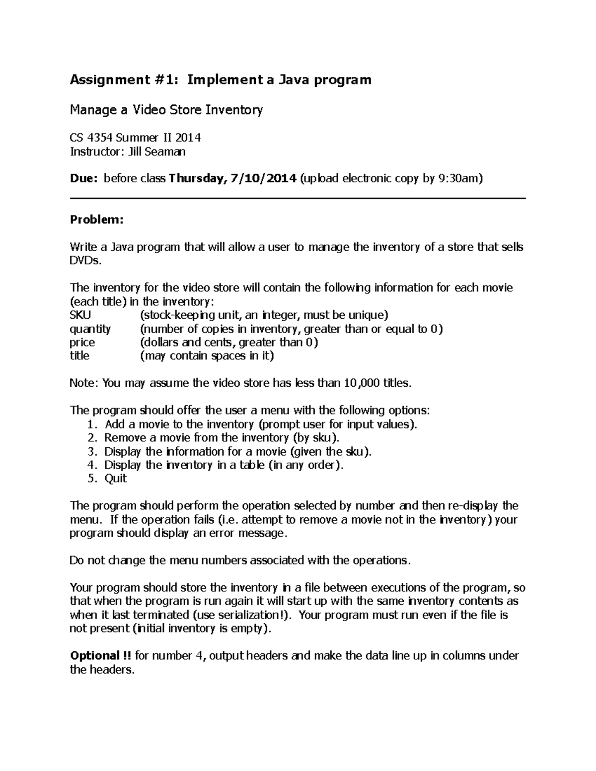Assignment 1 - CS 4354 - Assignment #1: Implement a Java program ! Manage a Video Store ...