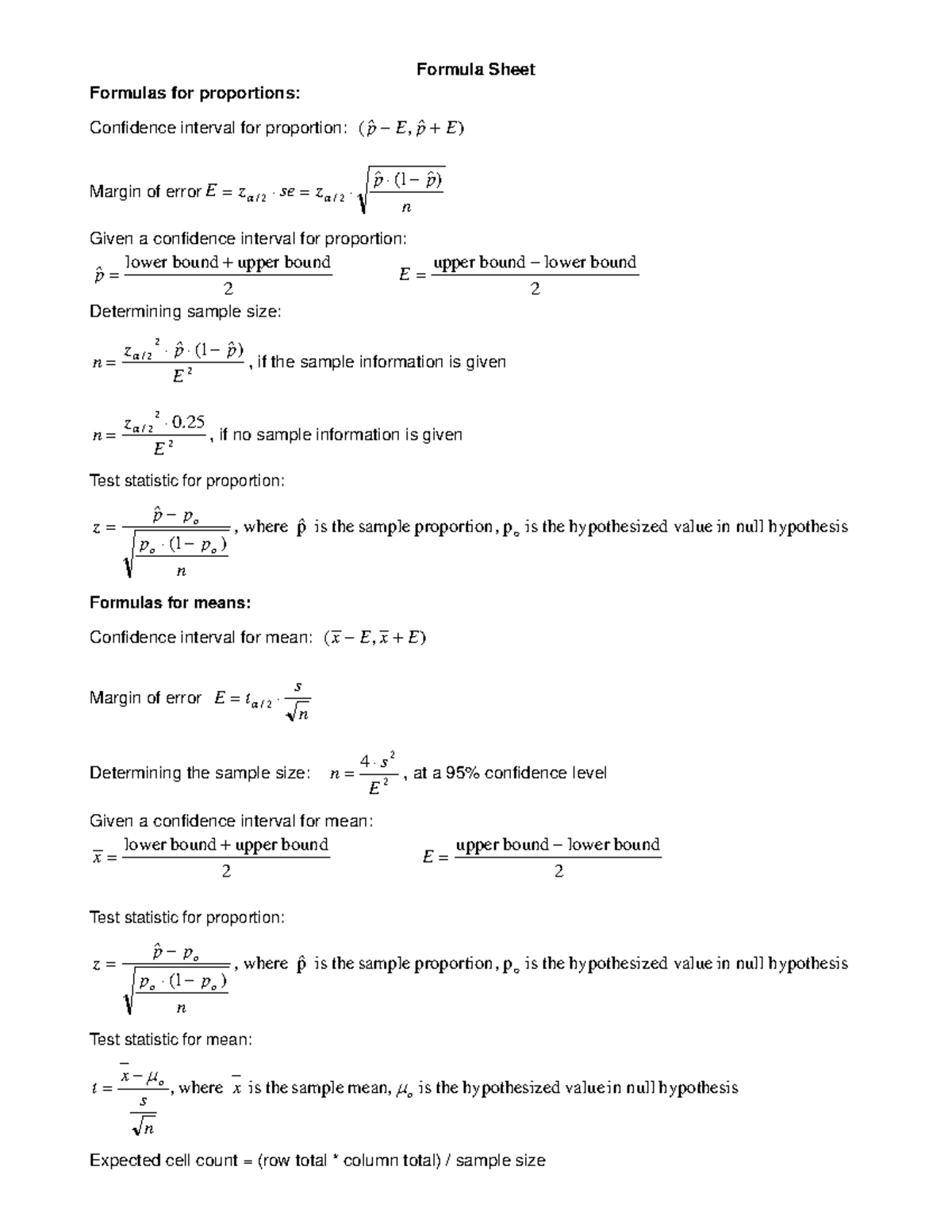 Final Formula Sheet Formula Sheet Formulas For Proportions
