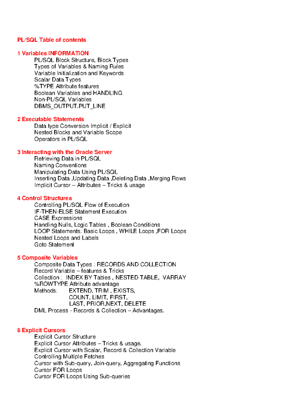 Plsql Course Content Plsql Table Of Contents 1 Variables Information Plsql Block Structure