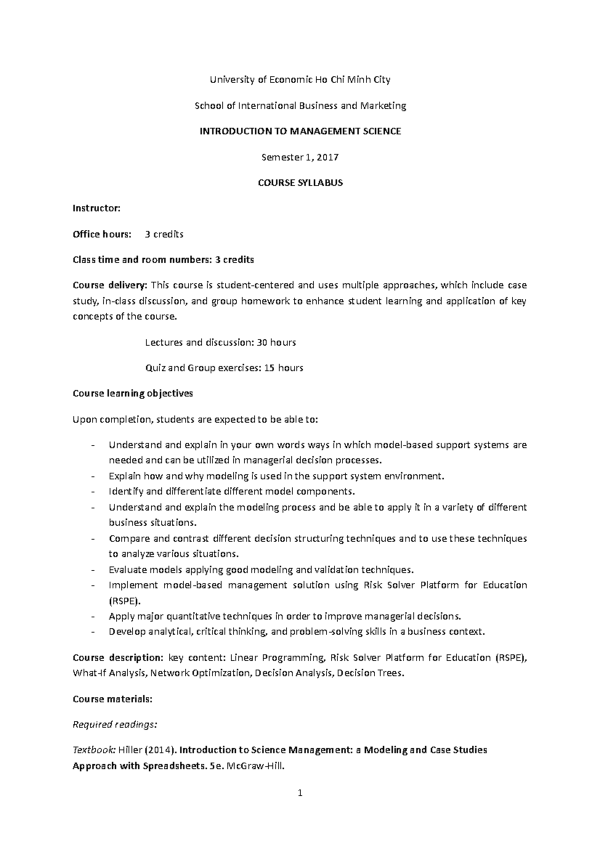 Introduction to Management Science Syllabus LMS-1 - University of ...