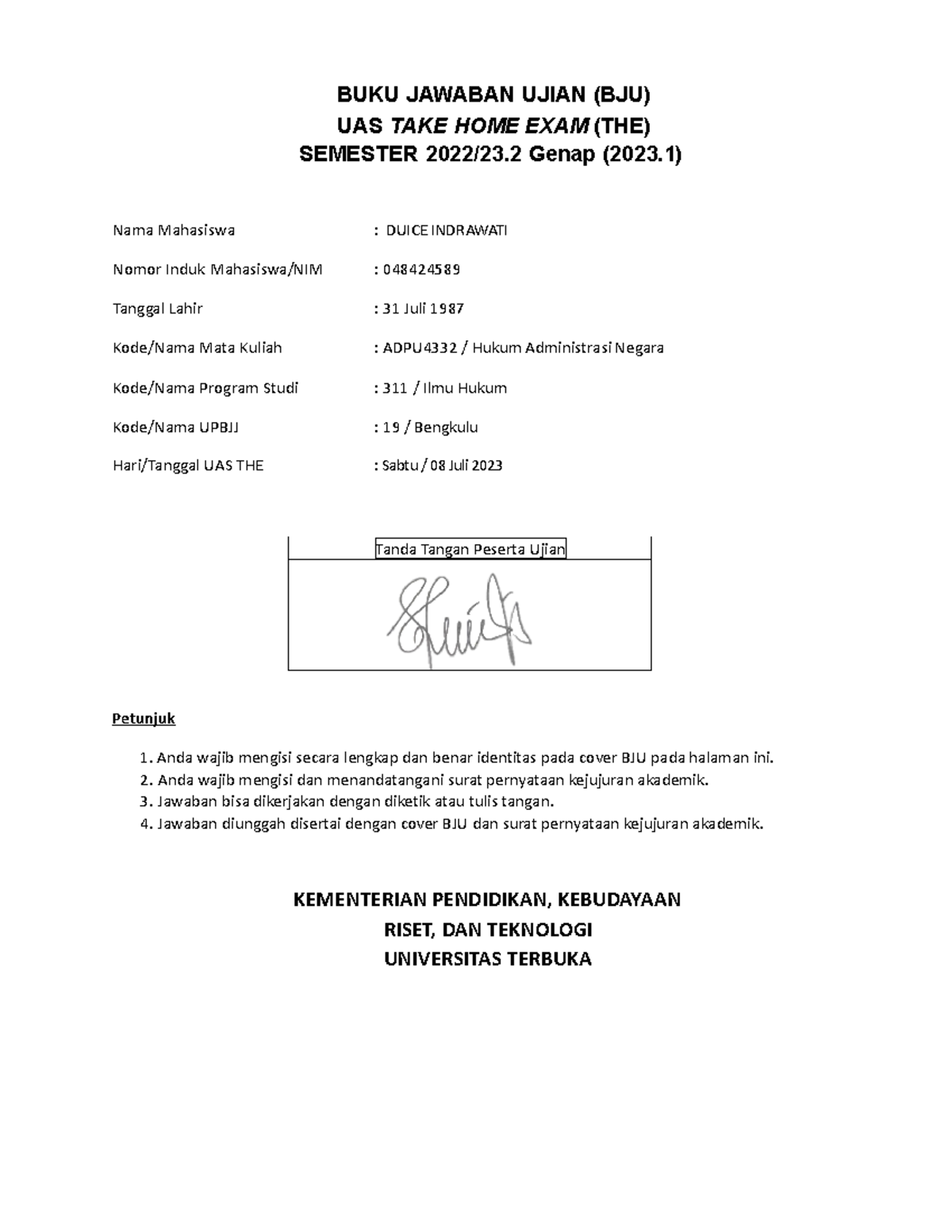 Hukum Administrasi Negara Semester - Tanda Tangan Peserta Ujian BUKU JAWABAN UJIAN (BJU) UAS ...