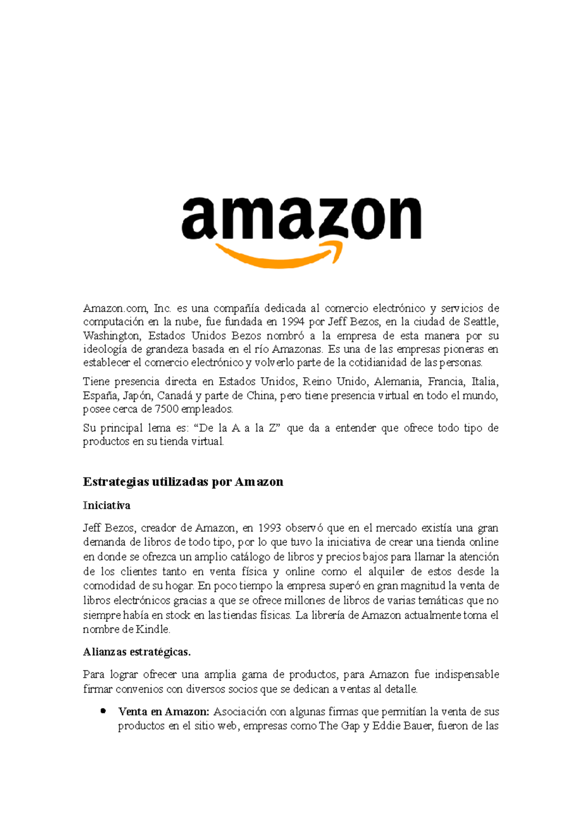 Caso Amazon / análisis estratégico - Amazon, Inc. es una compañía ...