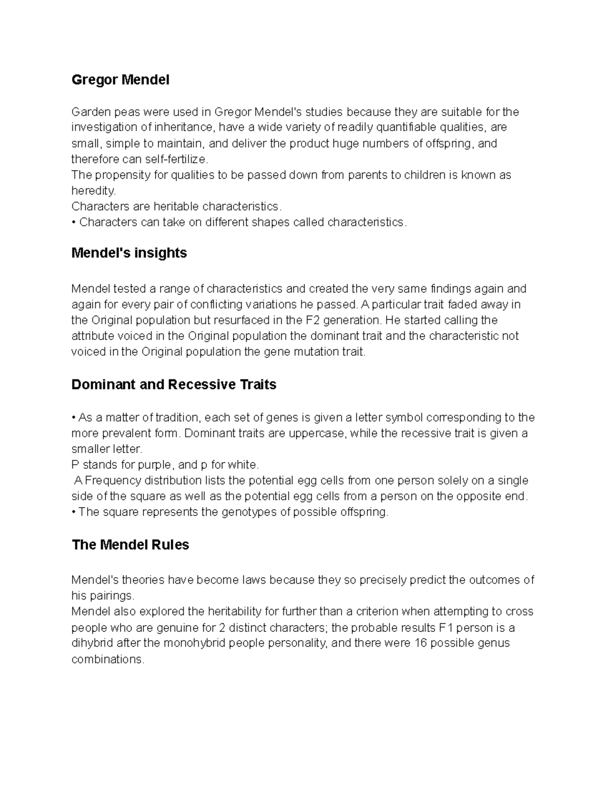 BIO - Mendel Class Notes pt 1 - Gregor Mendel Garden peas were used in ...