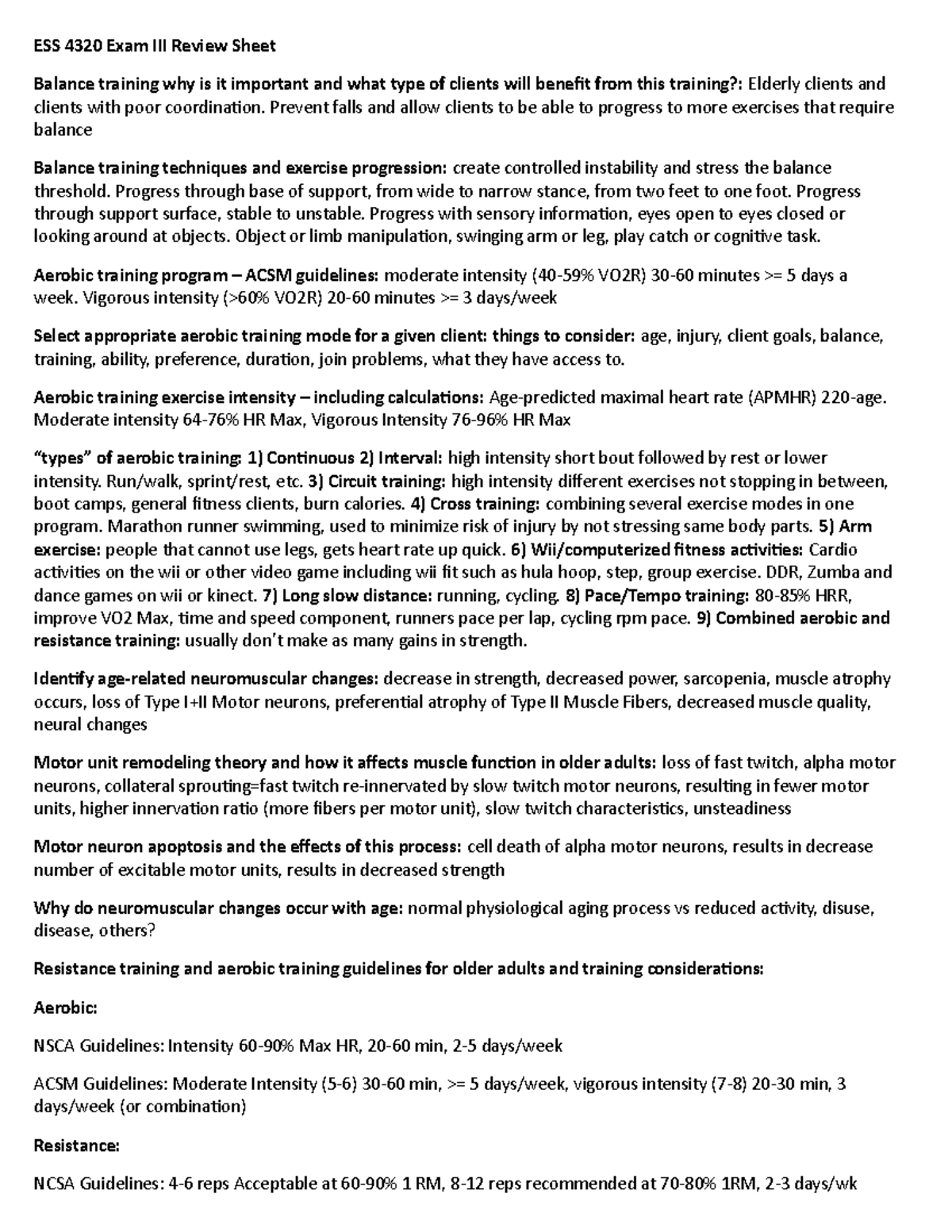 Exam 3studyguide - ESS 4320 Exam Review Sheet Balance training why is ...