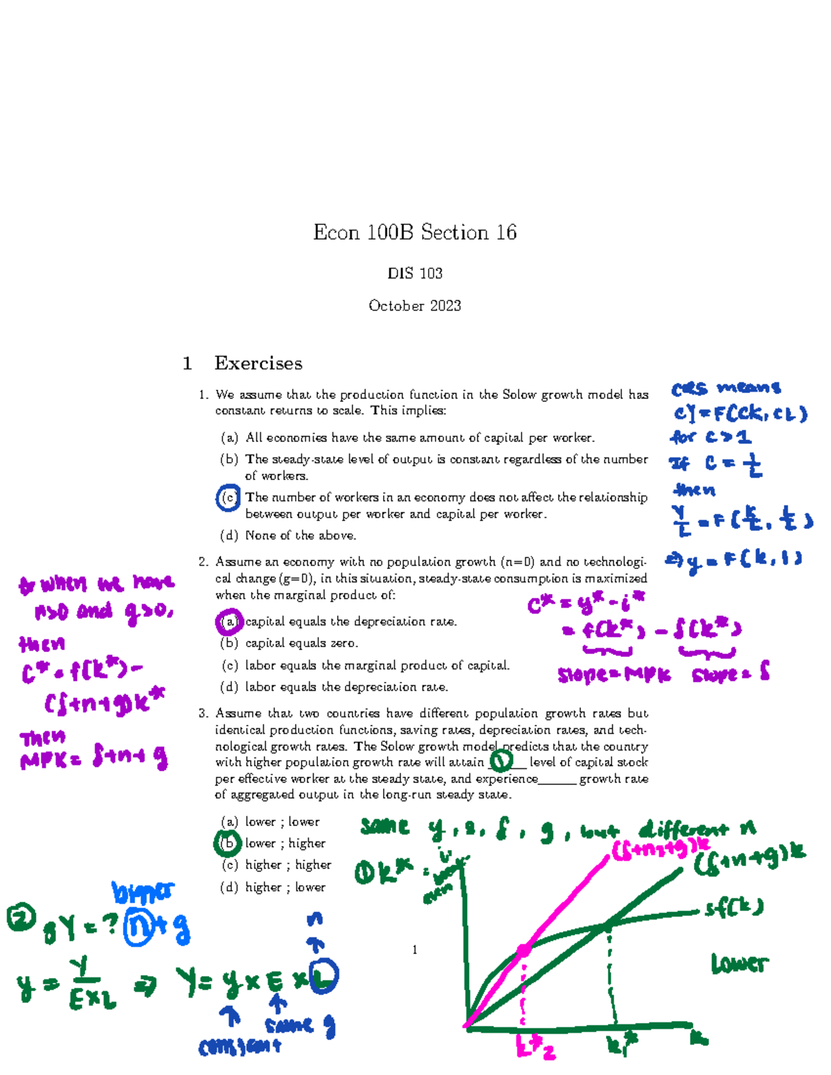 17 Handout Annotated - Econ 100B Section 16 DIS 103 October 2023 1 ...