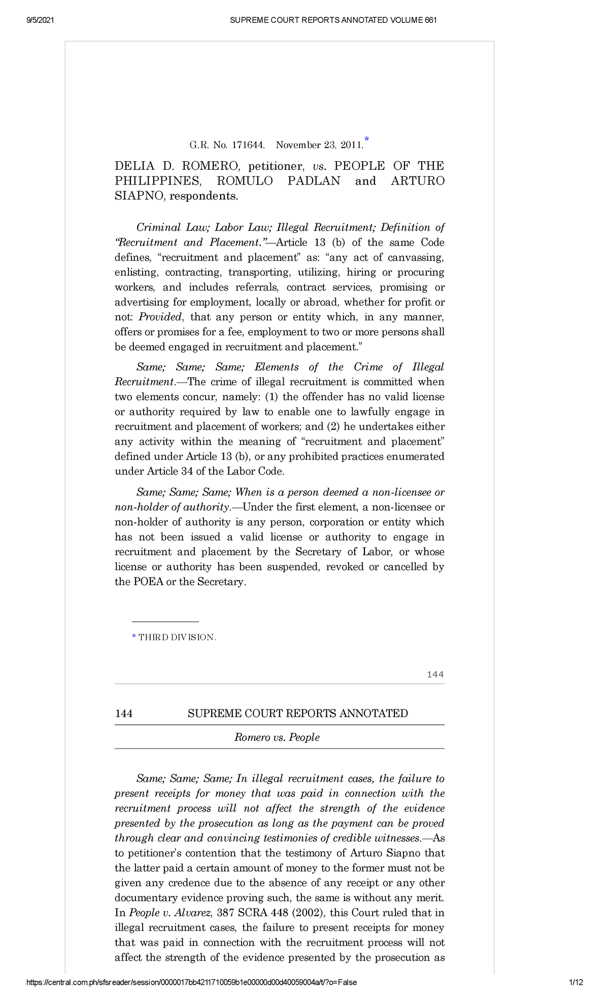 5. Romero vs. People - Orginal case from ESCRA. ESCRA is a paid ...