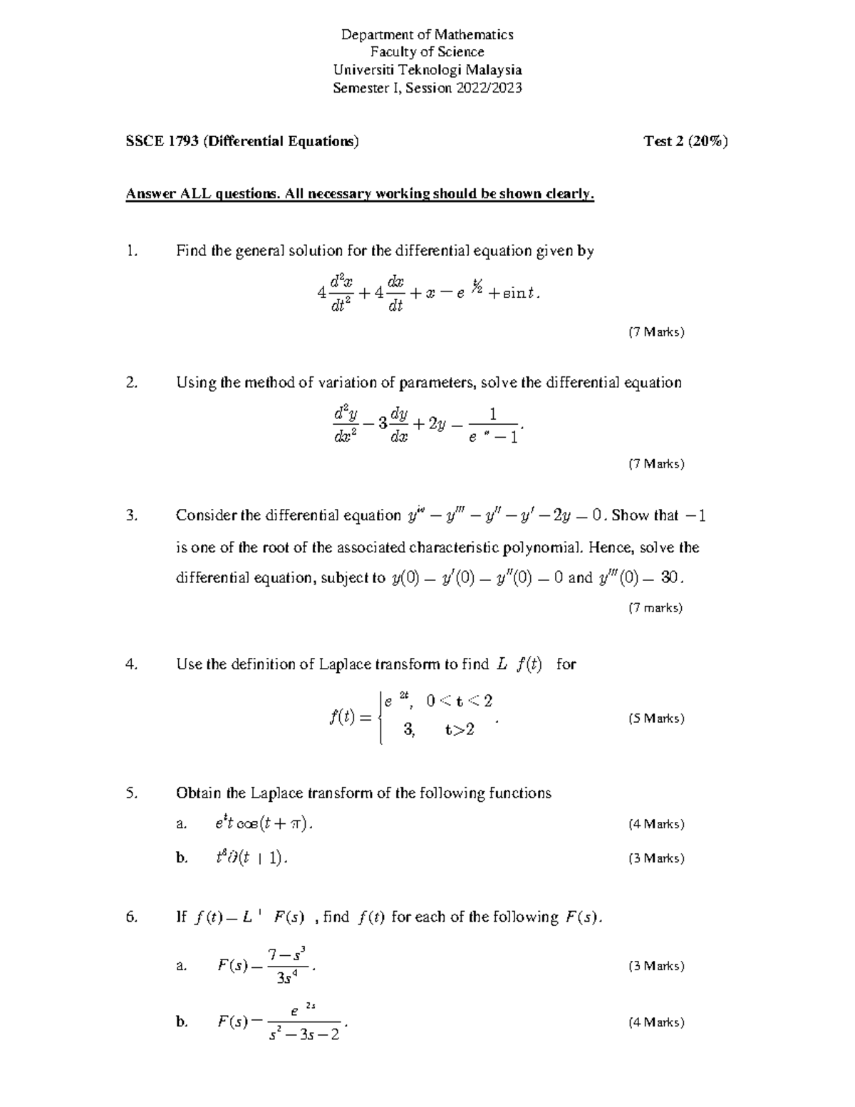 SSCE 1793 - Test 2 - Test 2 Differential Equation - Department of ...