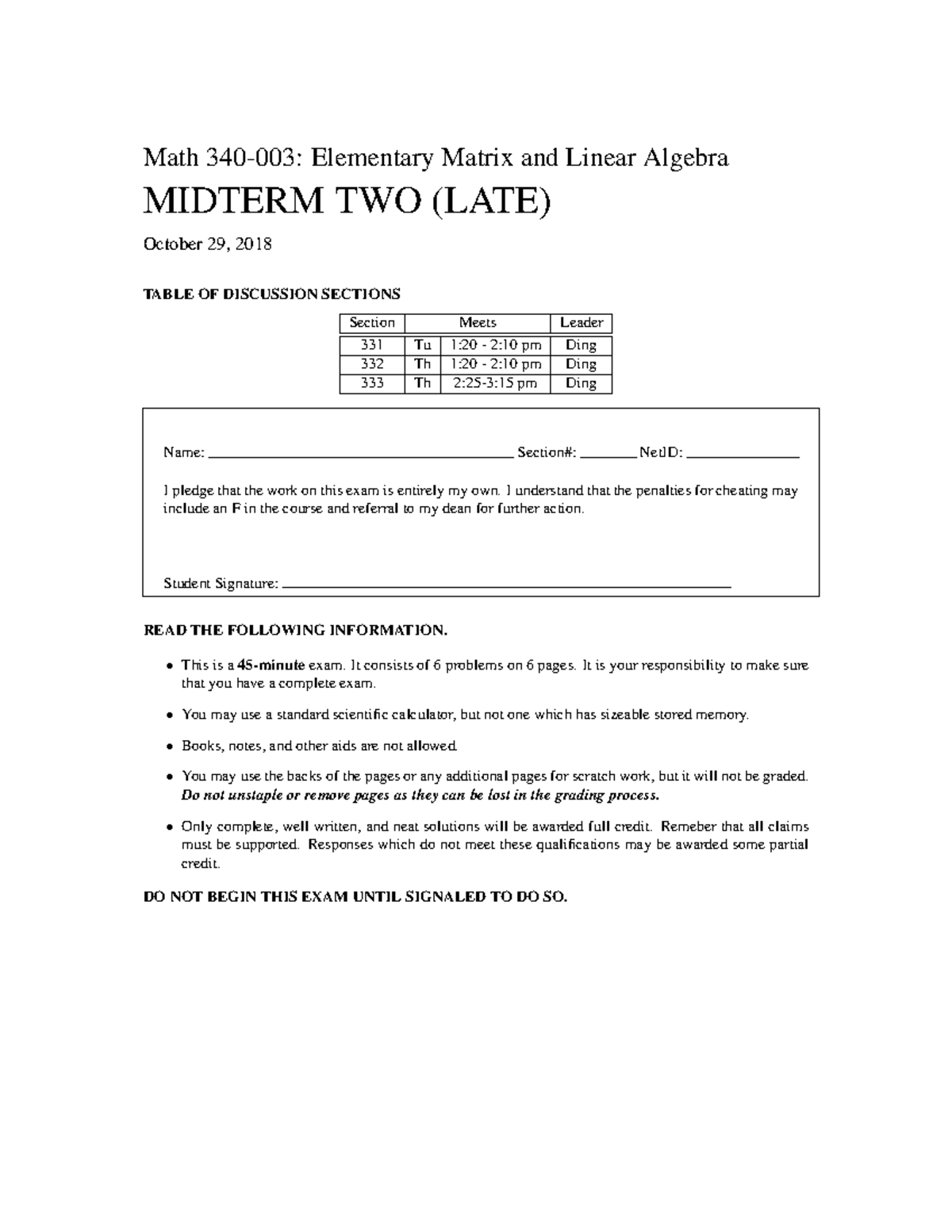 340-003 Exam2 - second midterm linear algebra - Math 340-003: Elementary Matrix and Linear ...