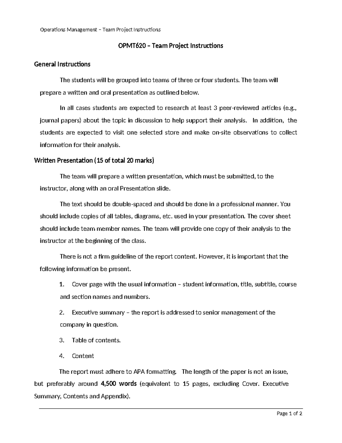 2. Group Project Instructions - Operations Management – Team Project ...