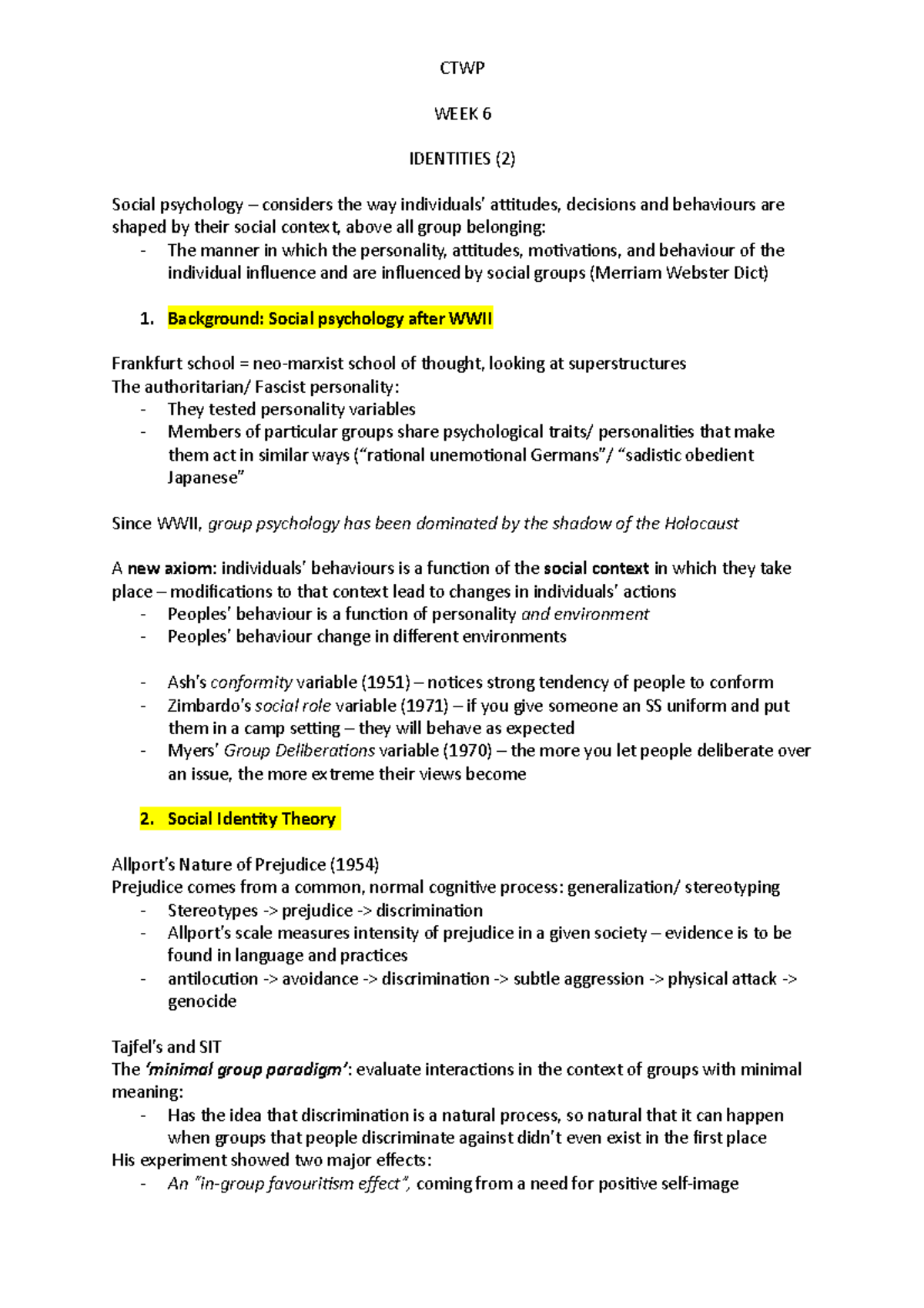 CTWP 6 - Lecture notes 6 - CTWP WEEK 6 IDENTITIES (2) Social psychology ...