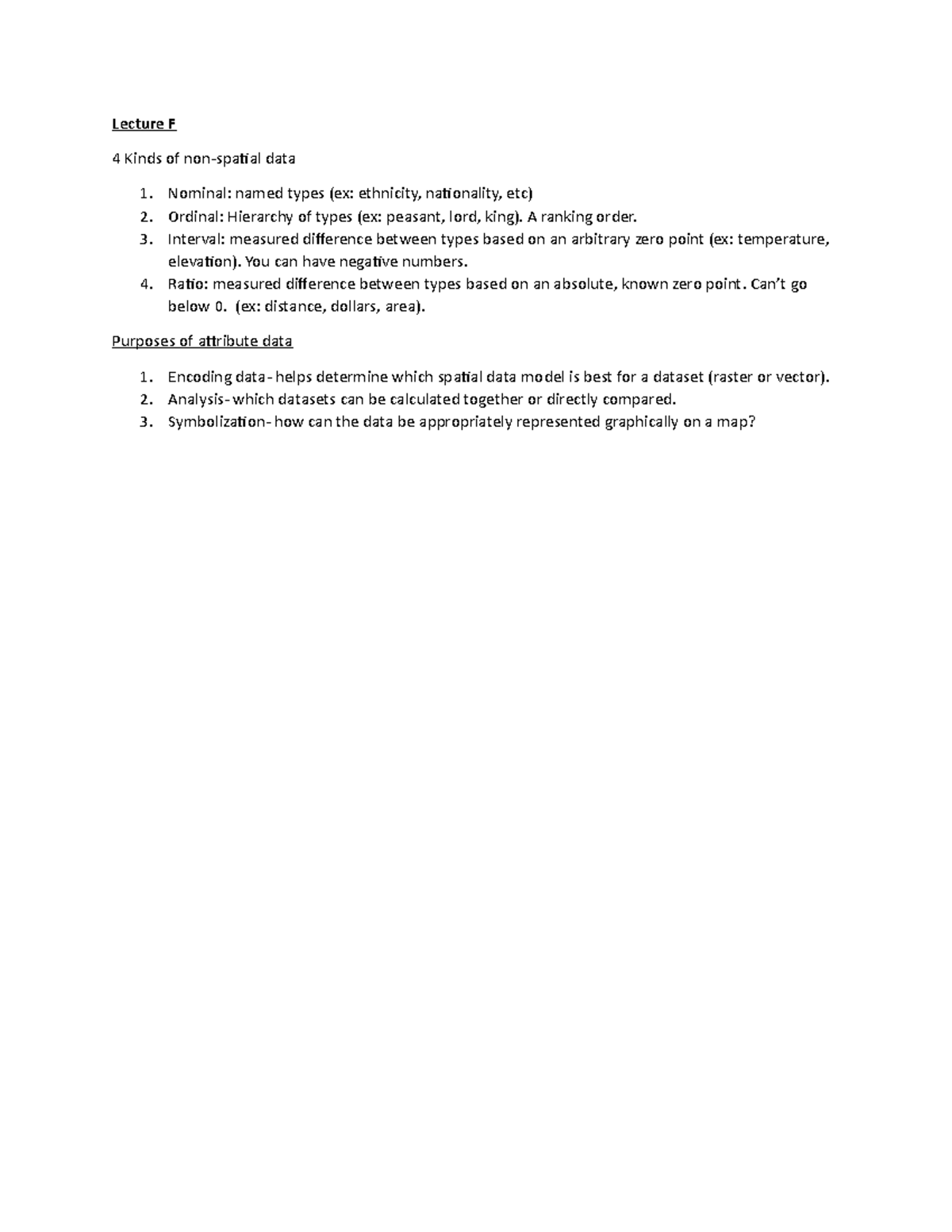 Lecture F Notes - Geography - Lecture F 4 Kinds of non-spatial data ...