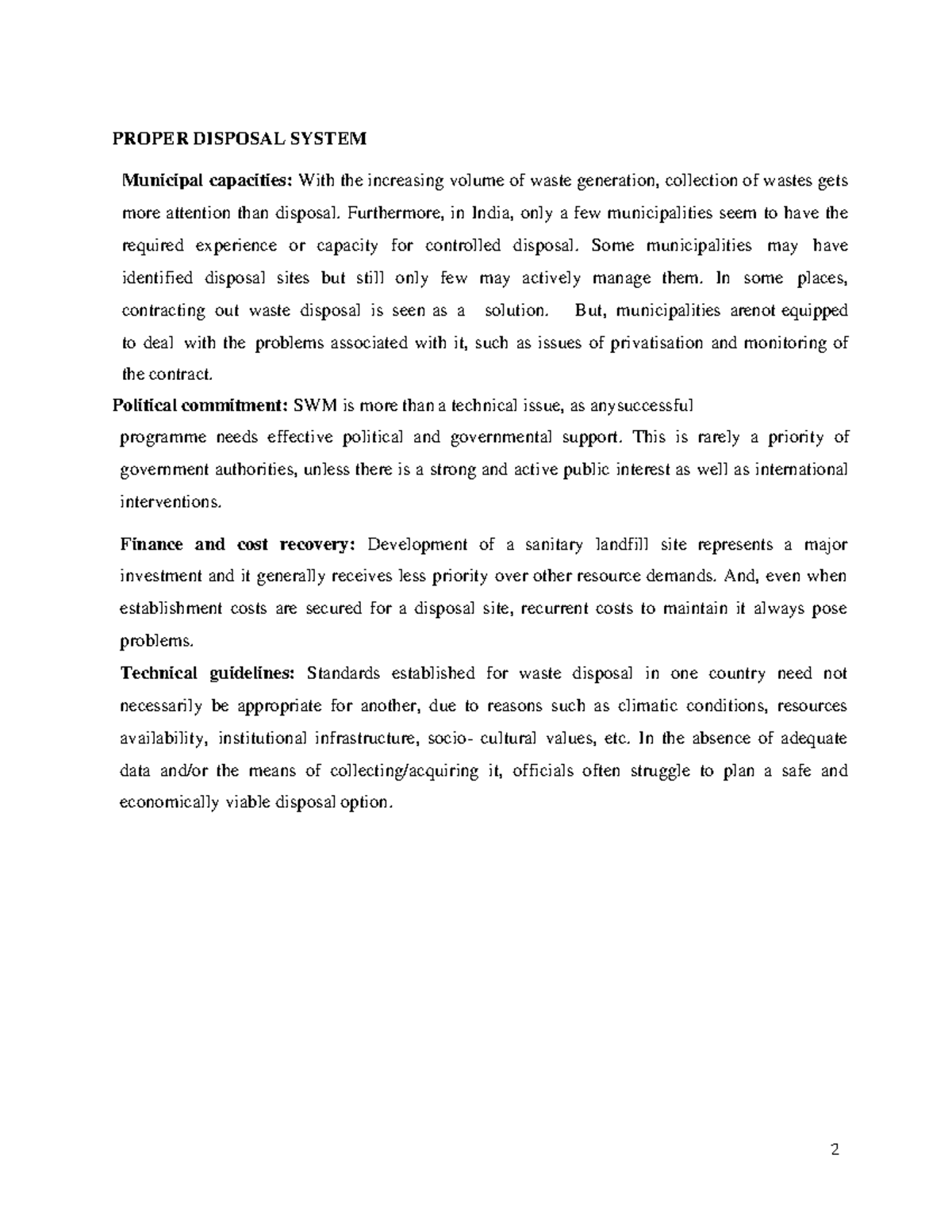 Disposal Methods - PROPER DISPOSAL SYSTEM Municipal capacities: With ...