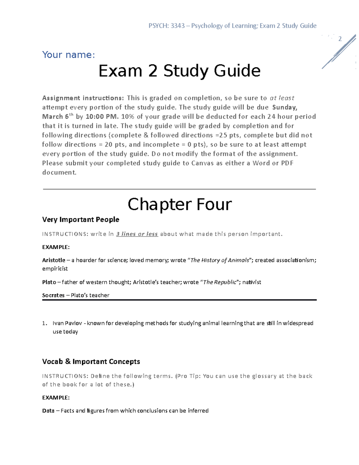 Exam 2 Study Guide - Olson - 2 Your name: Exam 2 Study Guide Assignment ...
