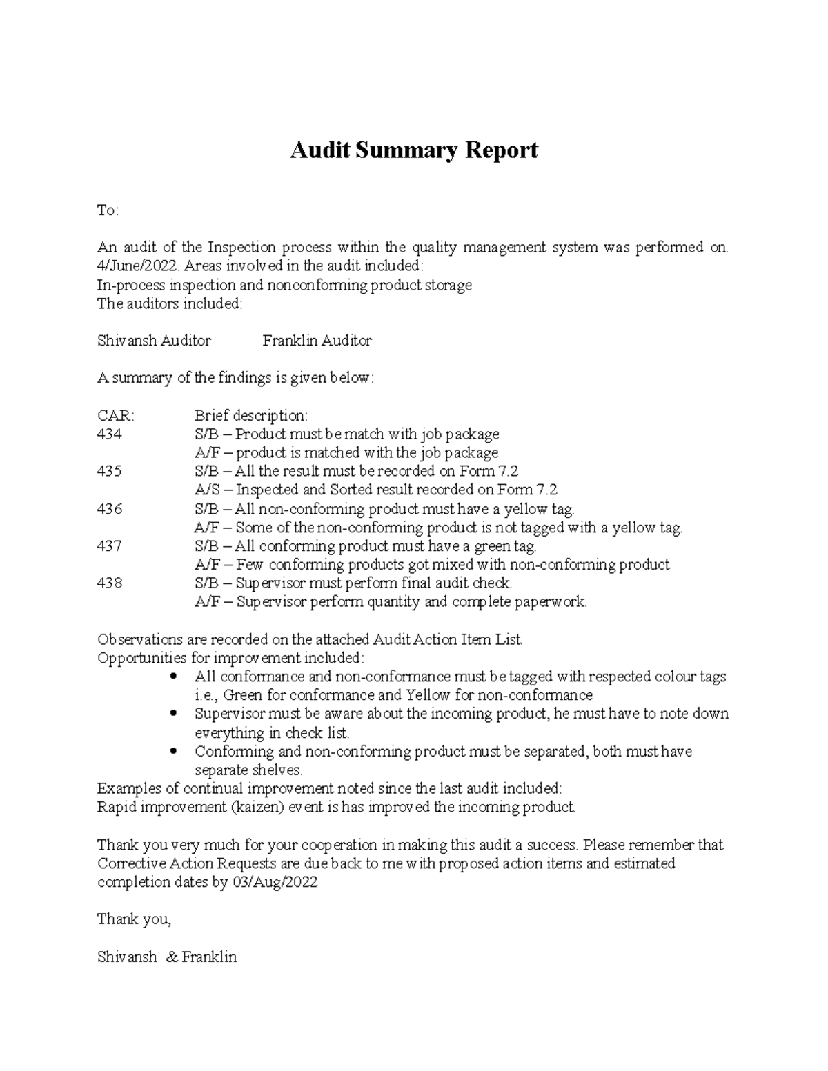 Audit Report - New - Audit Summary Report To: An audit of the ...
