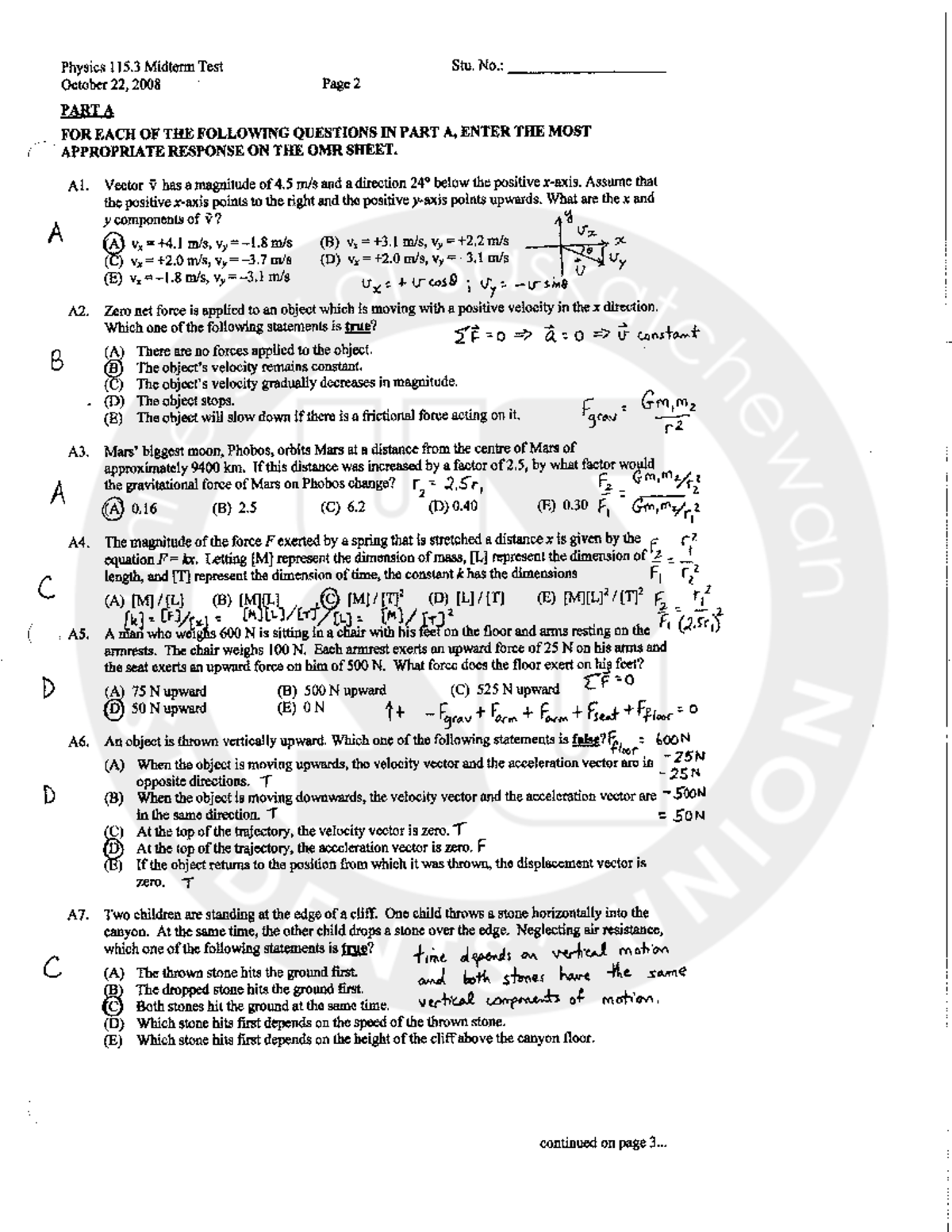 Exam 2008, questions and answers - Physics 1 15 Midterm Test Stu. No ...