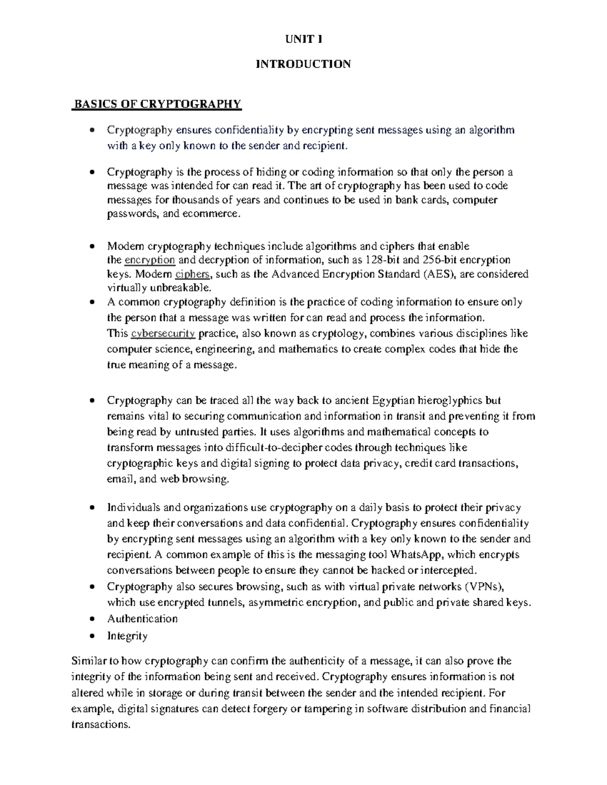 Unit 1 - Network Security - UNIT I INTRODUCTION BASICS OF CRYPTOGRAPHY Cryptography ensures ...