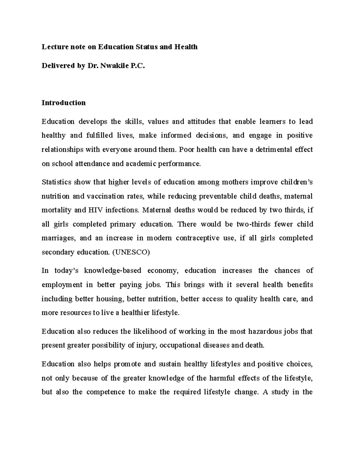 Education and Health NDU Lecture - Lecture note on Education Status and ...