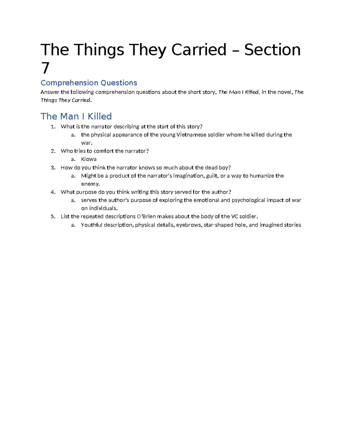 The Things They Carried - Section 7 comp questions 23-24 Completed ...