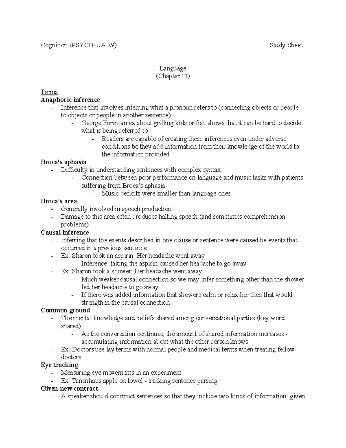 Chapter 11 Language Study Sheet - Cognition (PSYCH-UA) Study Sheet Language (Chapter 11) Terms ...
