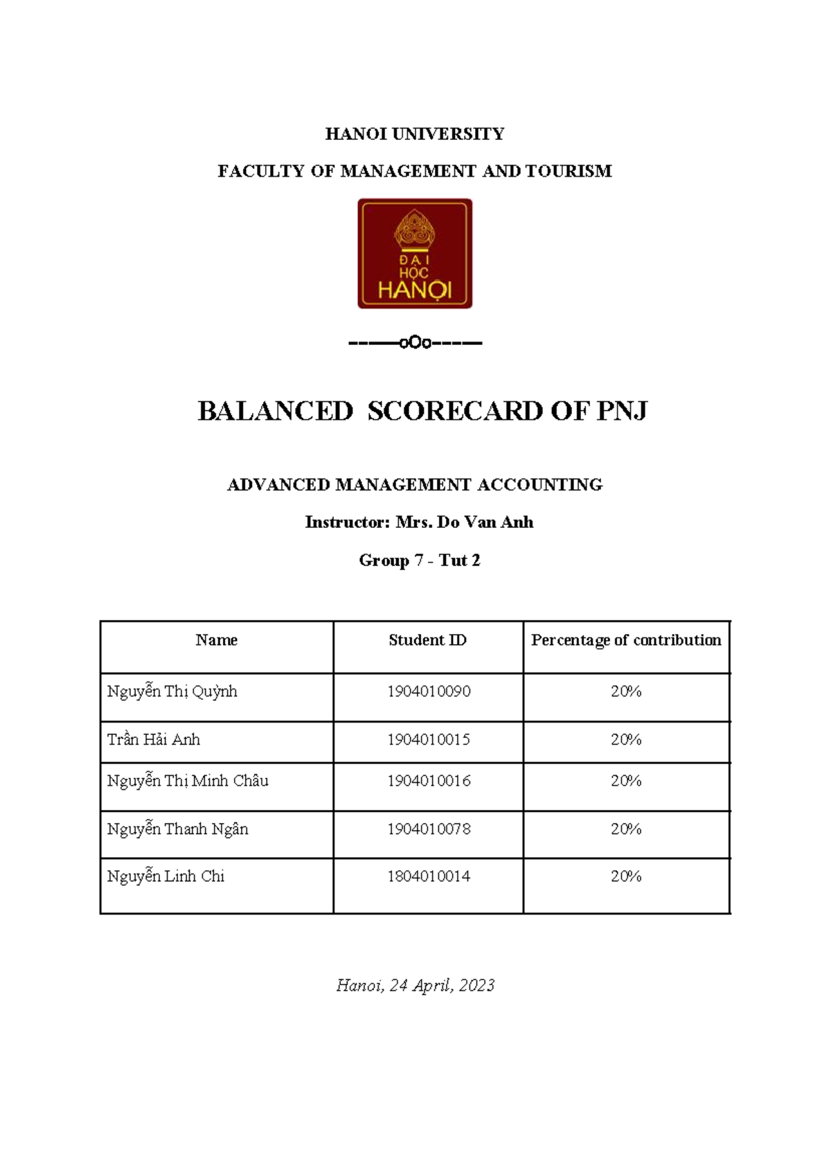 TUT2- Group 7- PNJ - Trường Đại học Hà Nội - HANOI UNIVERSITY FACULTY ...