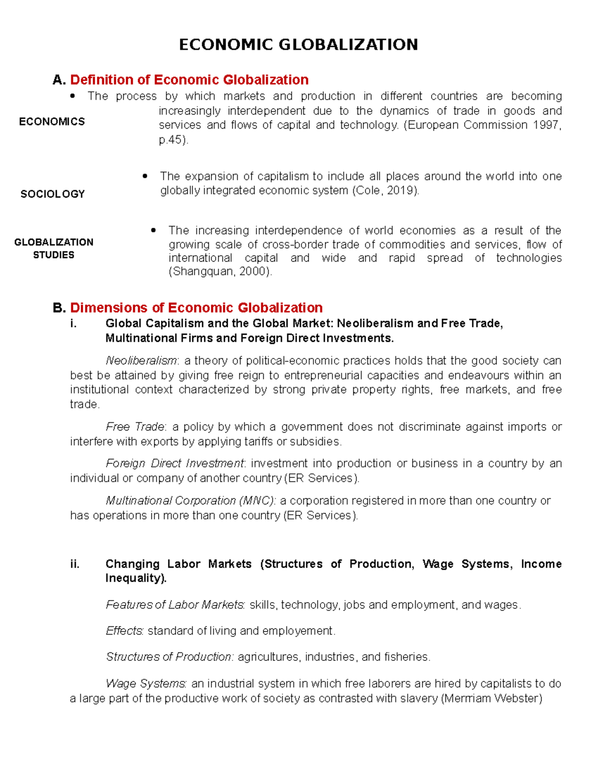 Economic Globalization Group 1 - ECONOMIC GLOBALIZATION A. Definition ...