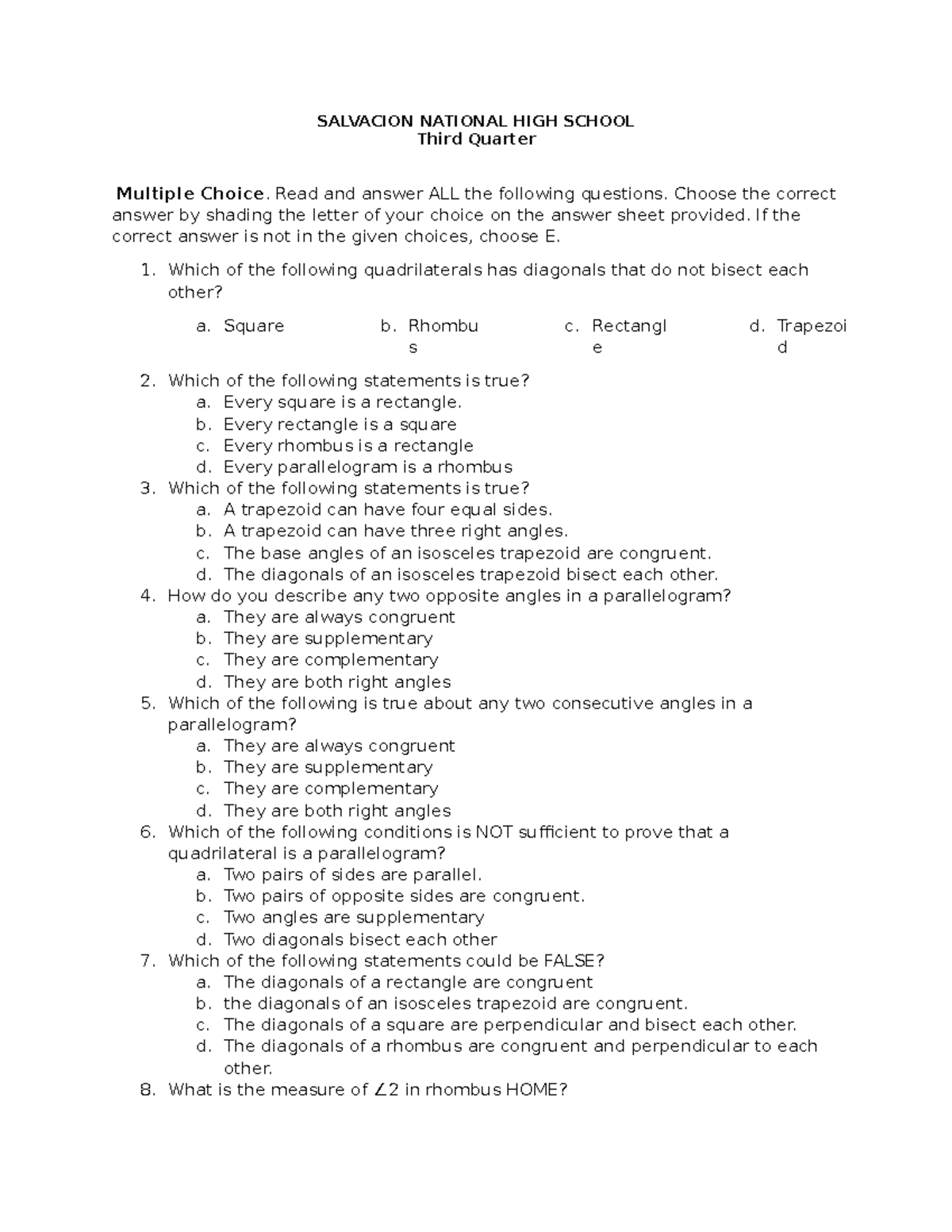 Test in math 9-quadrilaterals - SALVACION NATIONAL HIGH SCHOOL Third ...