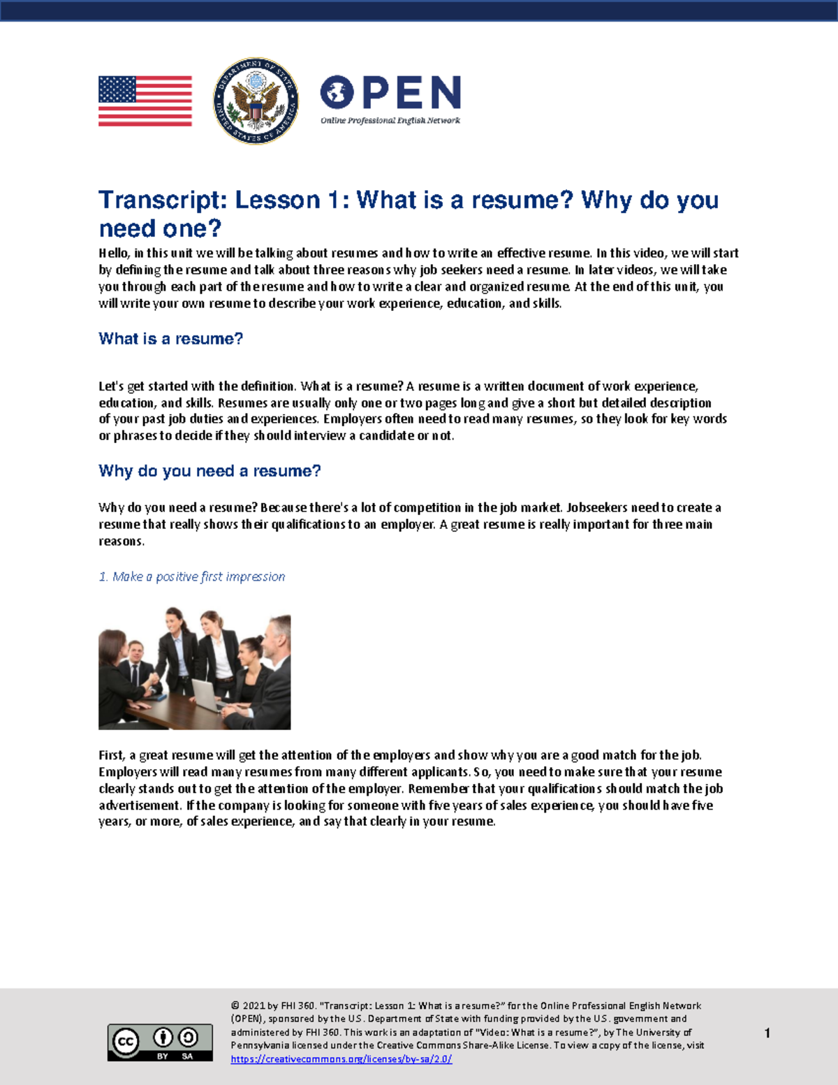 Transcript Lesson 1 What is a Resume - 1 © 2021 by FHI 360. “Transcript ...
