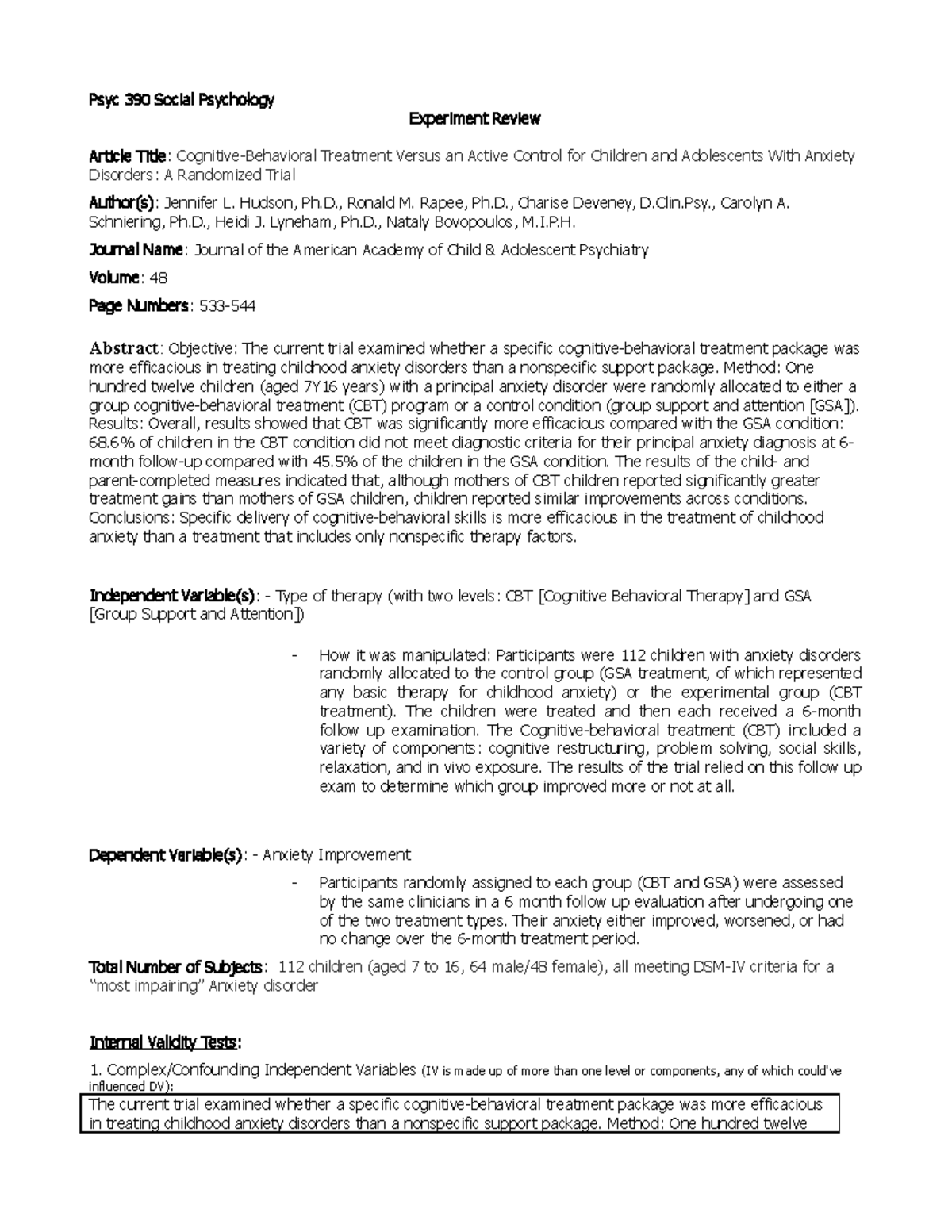 Psyc390 Experiment Review 2 copy - Psyc 390 Social Psychology ...