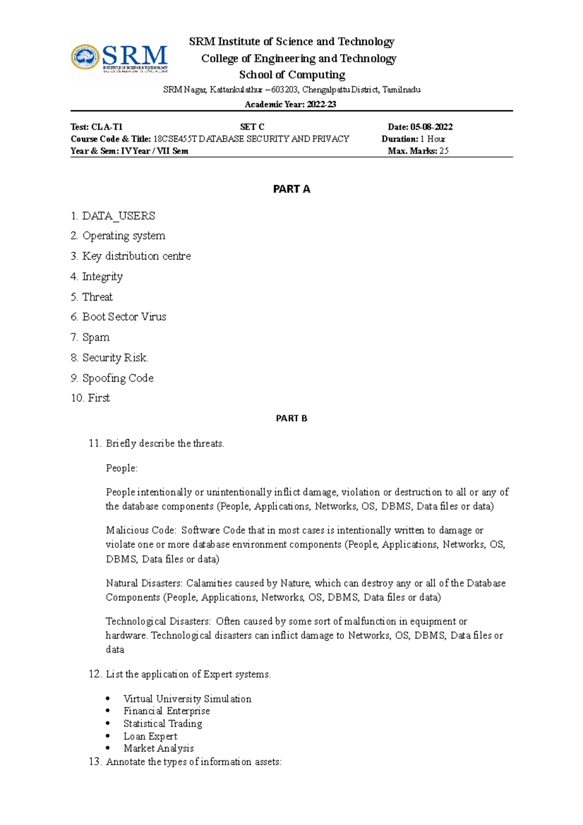 Set C Ans Key Set C Ans Key Srm Institute Of Science And Technology College Of Engineering