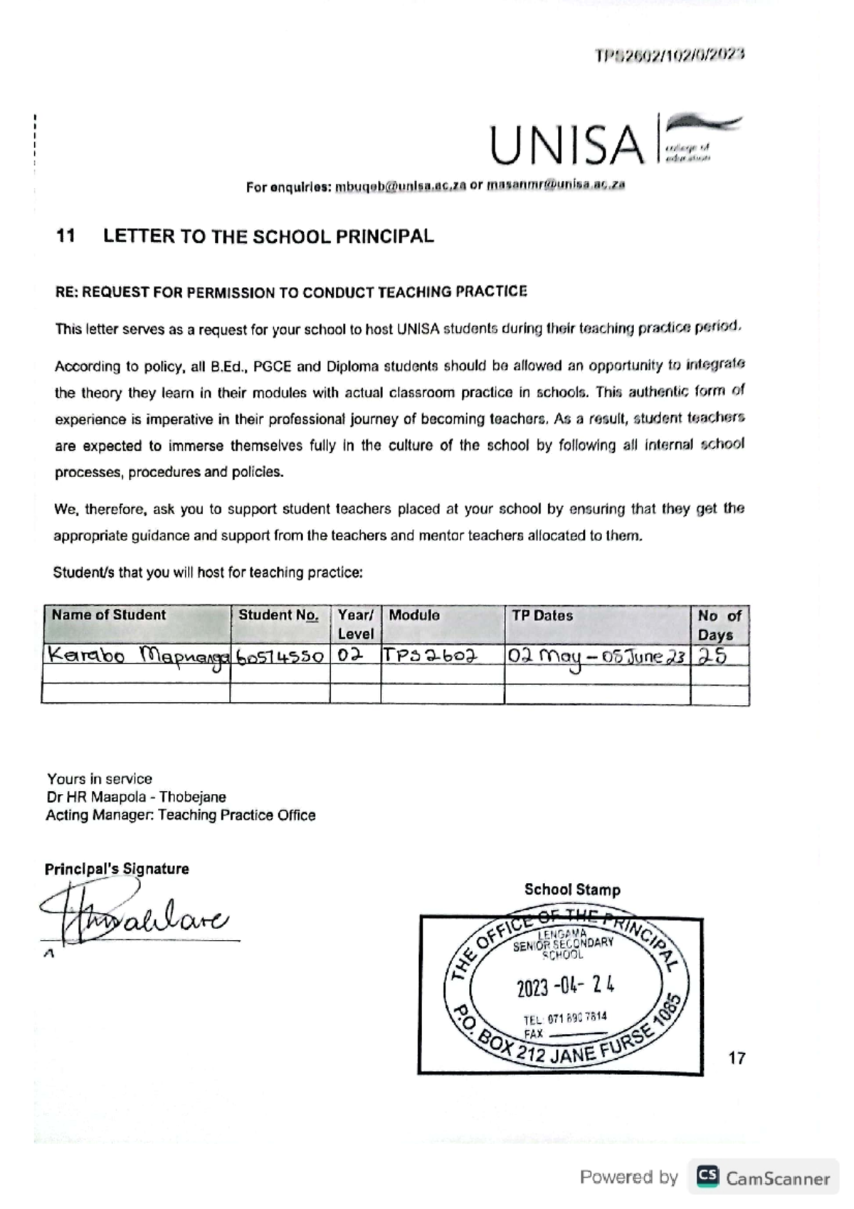 Letter karabo - TEACHING PRACTICE - TPS2602 - Studocu