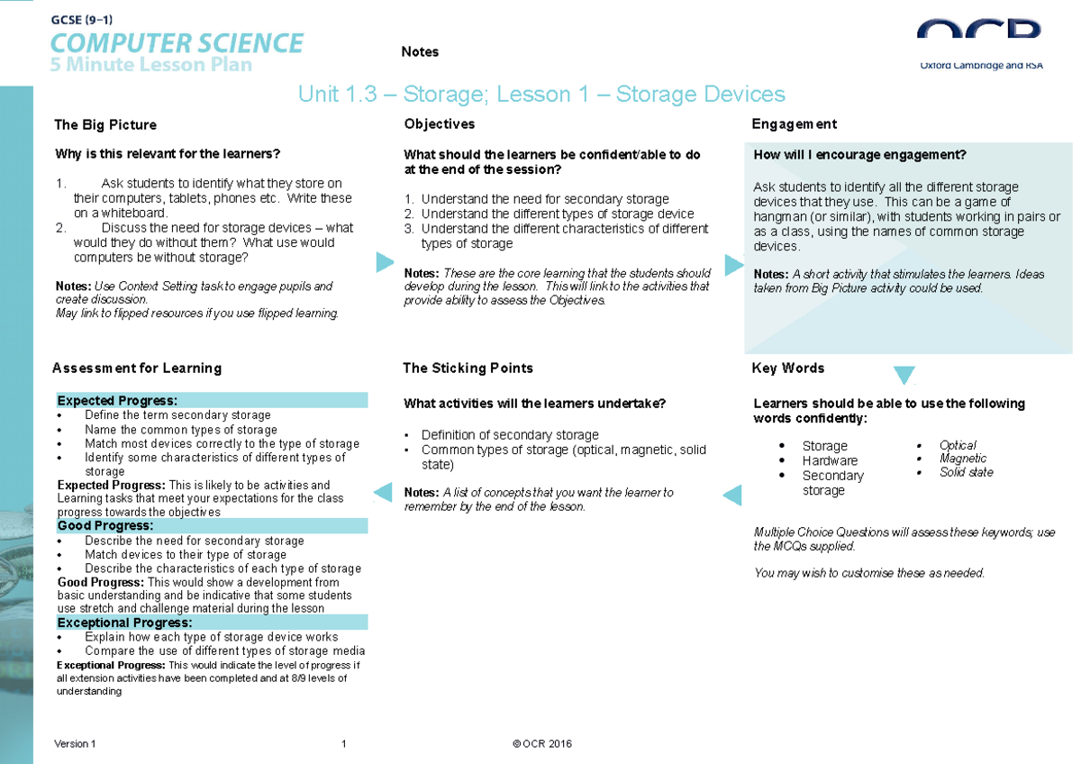 01. Storage Lesson plan v1 - Unit 1 – Storage; Lesson 1 – Storage ...