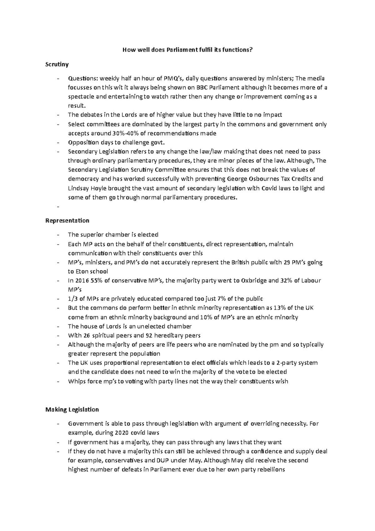 How well does Parliament fulfil its functions MOCK PLAN - How well does ...
