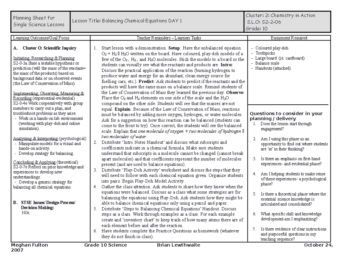 S2-2-06 - Balancing Equations - Lesson - Planning Sheet for Single ...