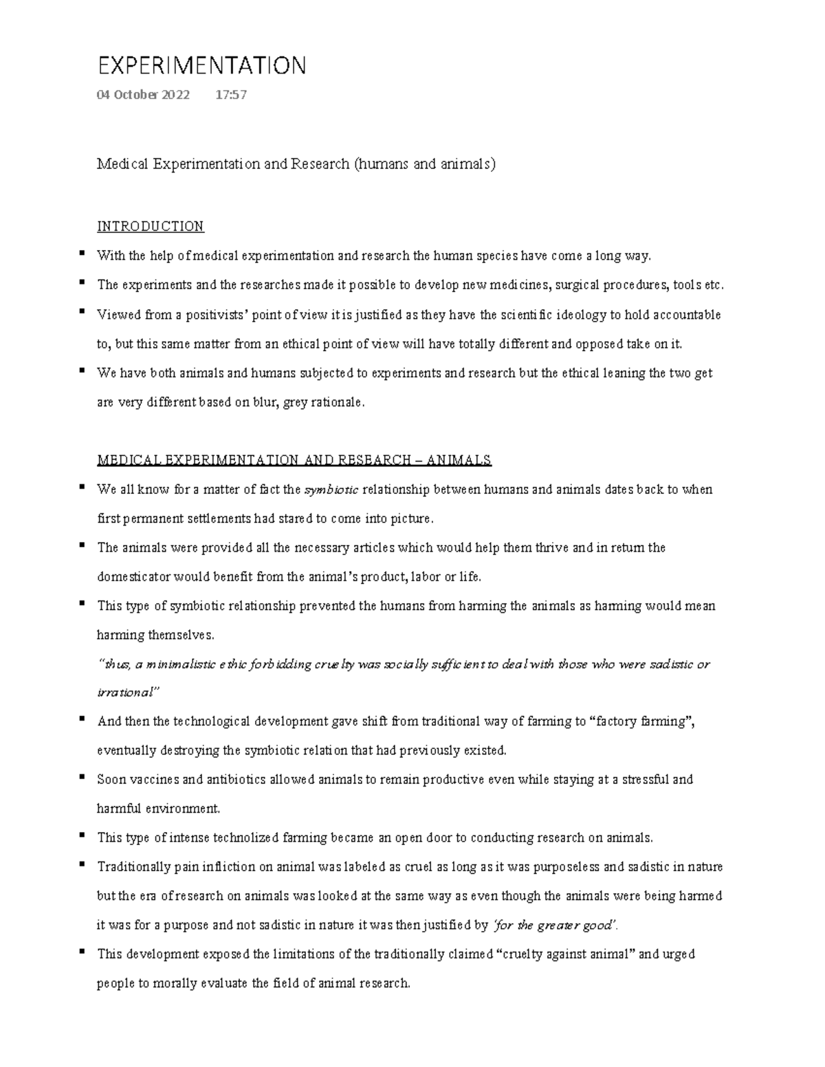 Experimentation - notes - Medical Experimentation and Research (humans ...