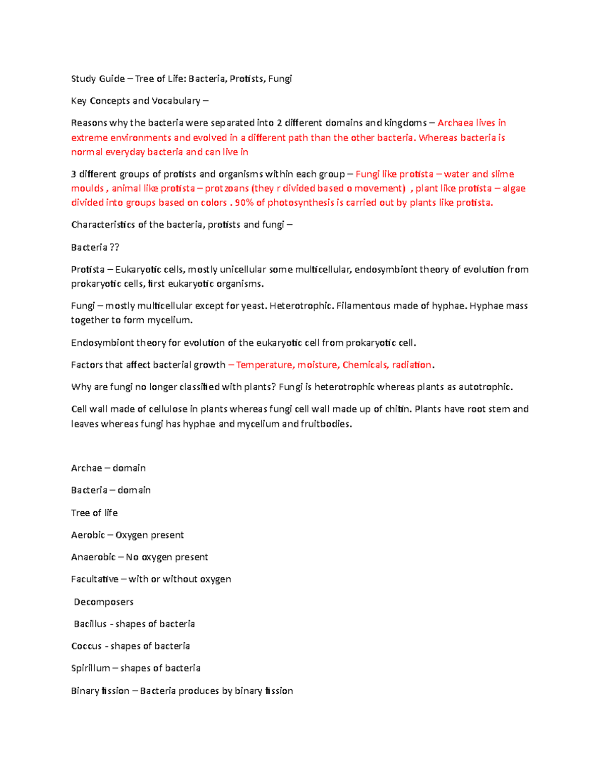 Study Guide treeoflife - Study Guide – Tree of Life: Bacteria, Protists ...