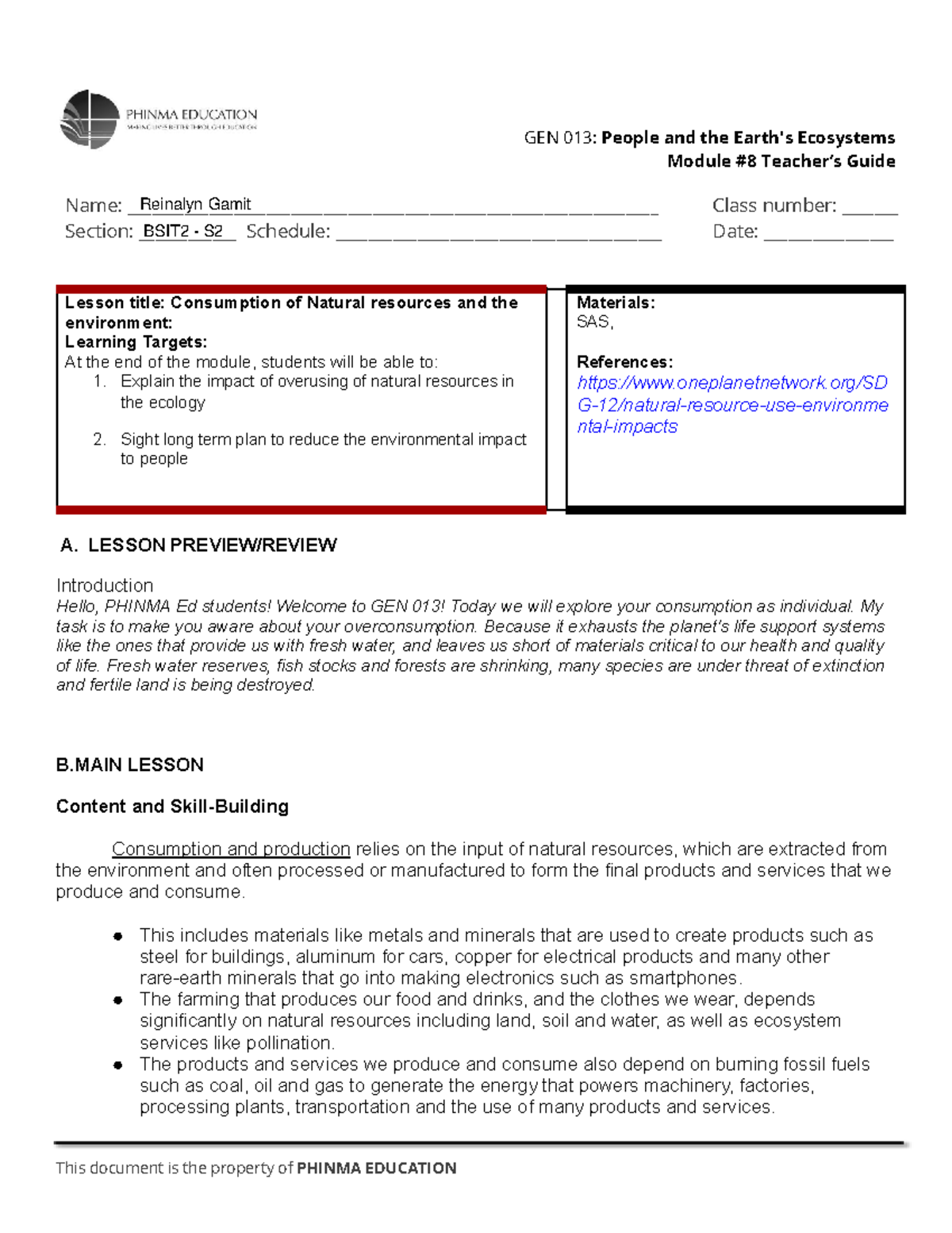 GEN 013 Day 08 - dsa - Module #8 Teacher’s Guide Name: - Studocu