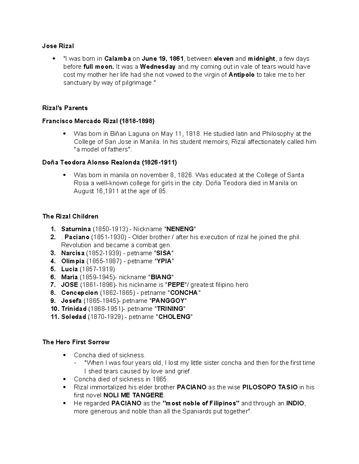 Rizal- Reviewer- Finals - Jose Rizal "I was born in Calamba on June 19 ...