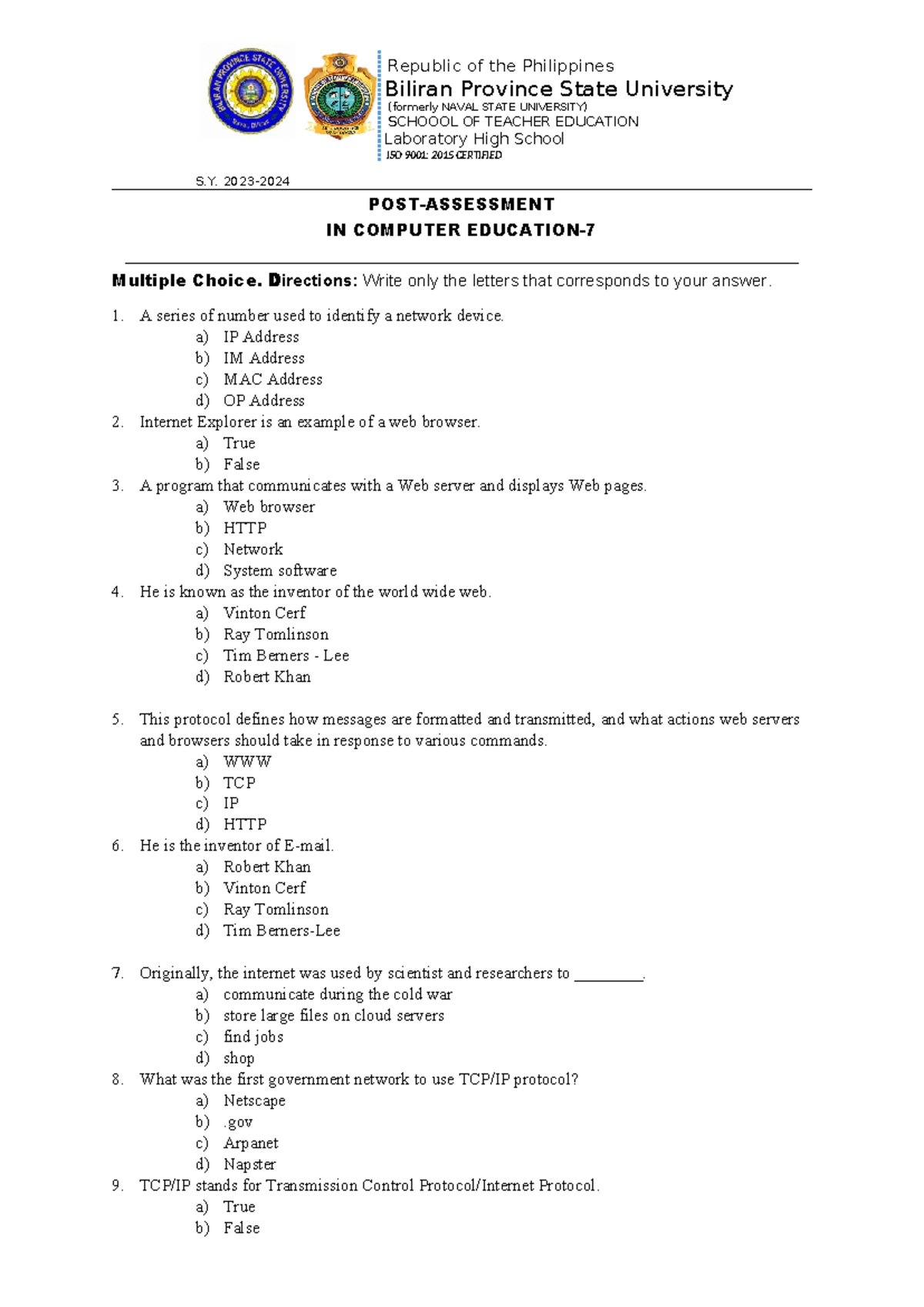 Summative TEST FOR Grade 7-4TH Quarter - Republic of the Philippines ...