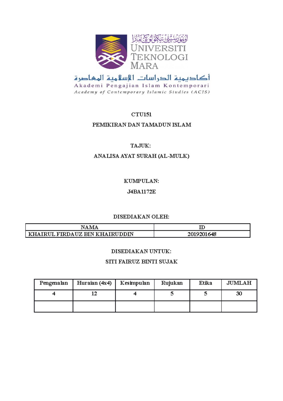 CTU151 Analisa AYAT - CTU151 PEMIKIRAN DAN TAMADUN ISLAM TAJUK: ANALISA AYAT SURAH KUMPULAN ...