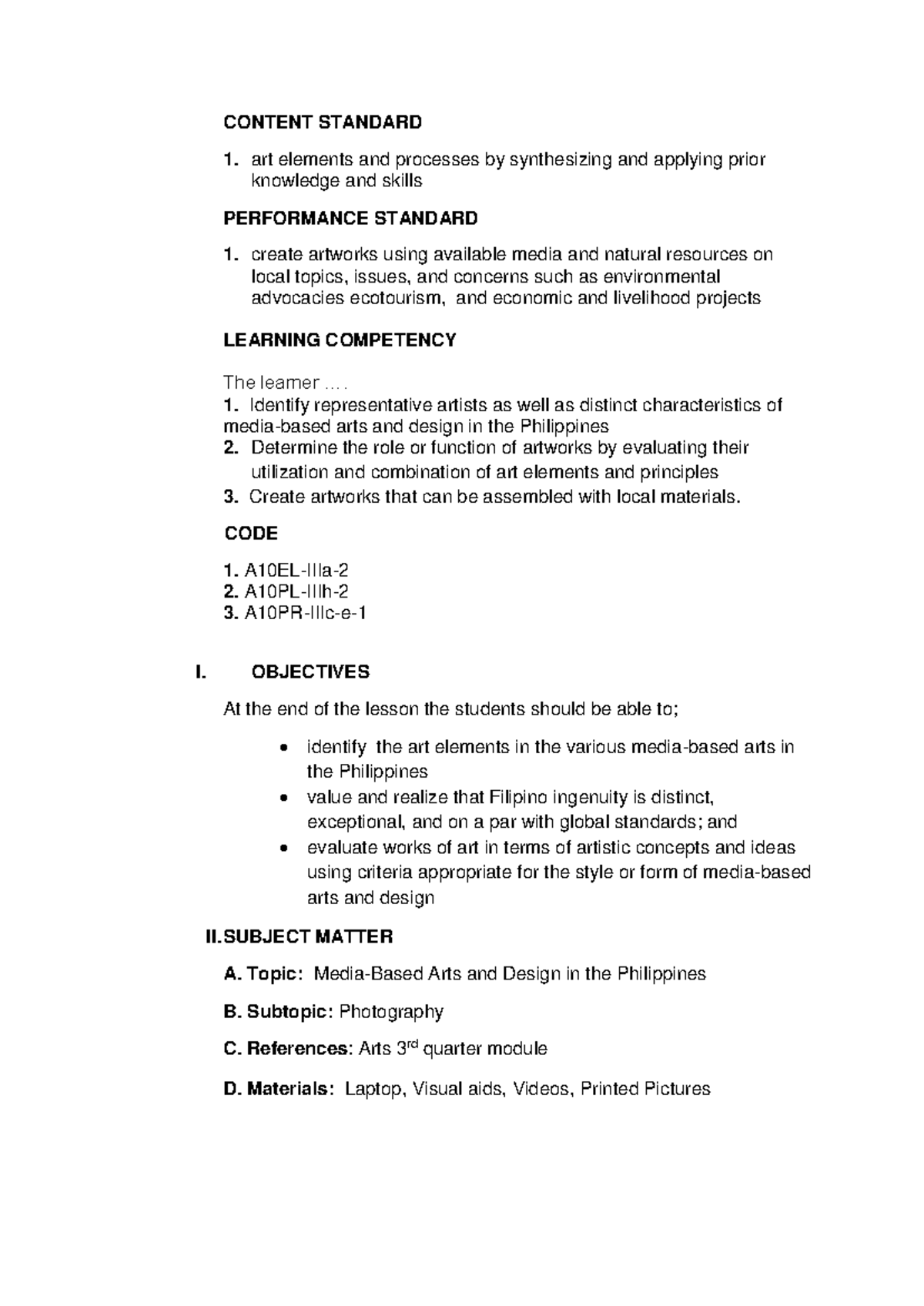 Pdfcoffee - None - CONTENT STANDARD art elements and processes by synthesizing and applying ...