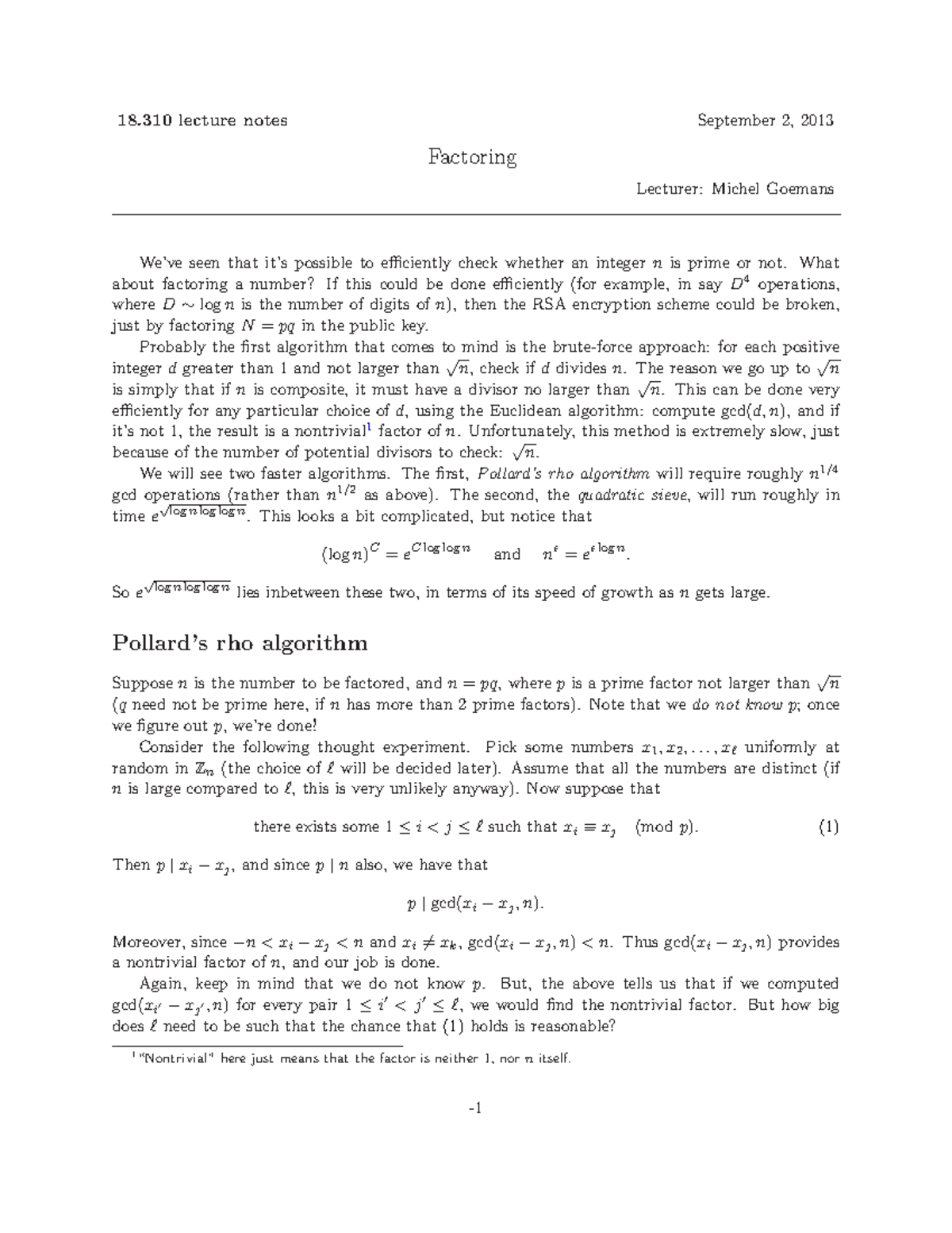 Factoring (PDF) - Lecture notes 1-6 - 18 lecture notes September 2 ...