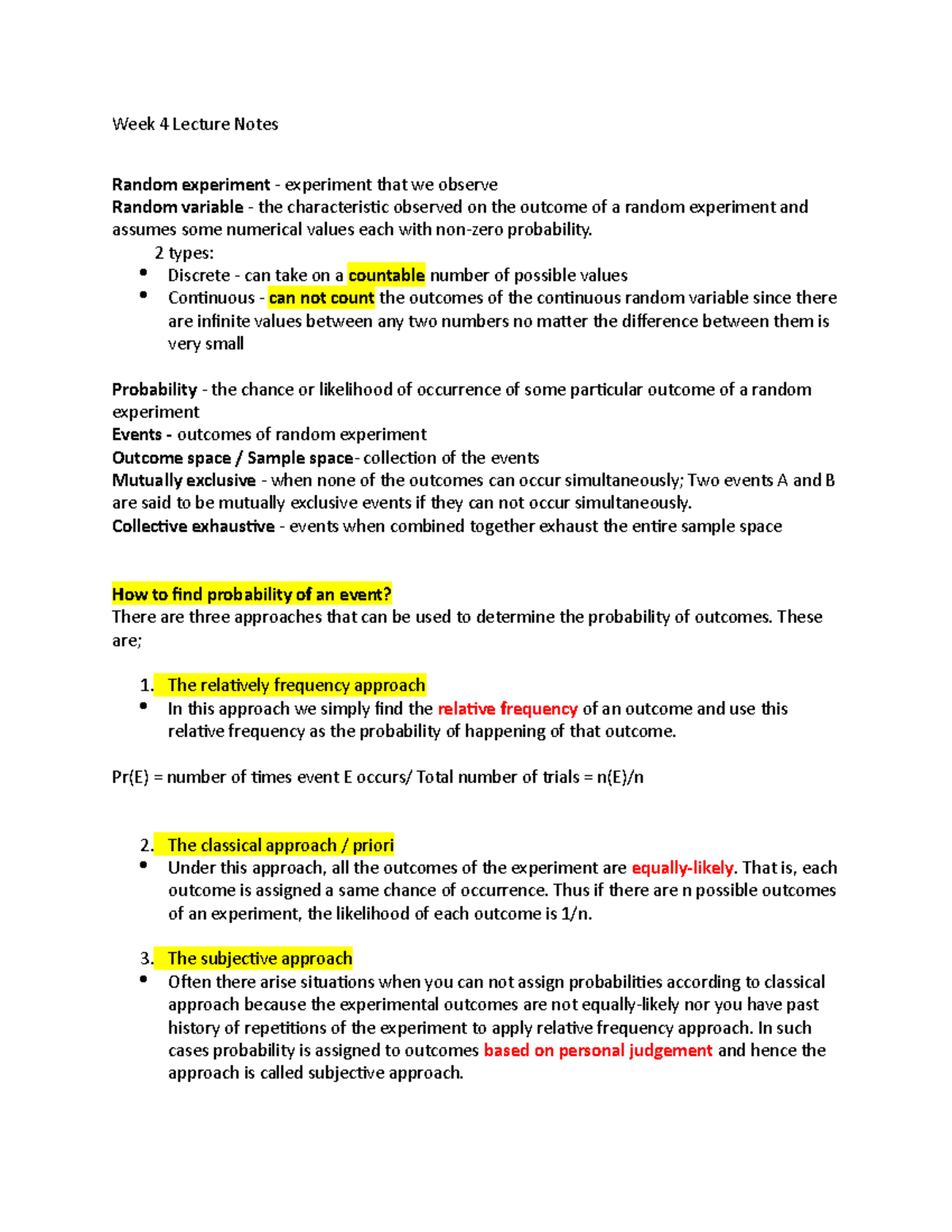 Week 4 Lecture Notes - Week 4 Lecture Notes Random experiment ...