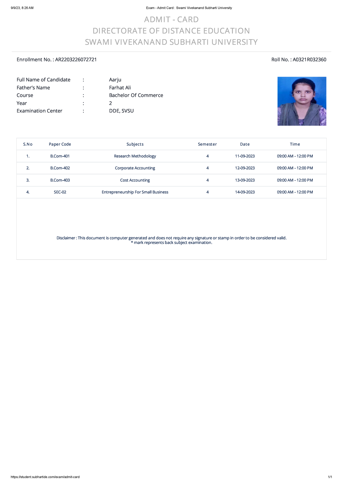 Aarju-1 - 9/9/23, 8:26 AM Exam - Admit Card : Swami Vivekanand Subharti ...