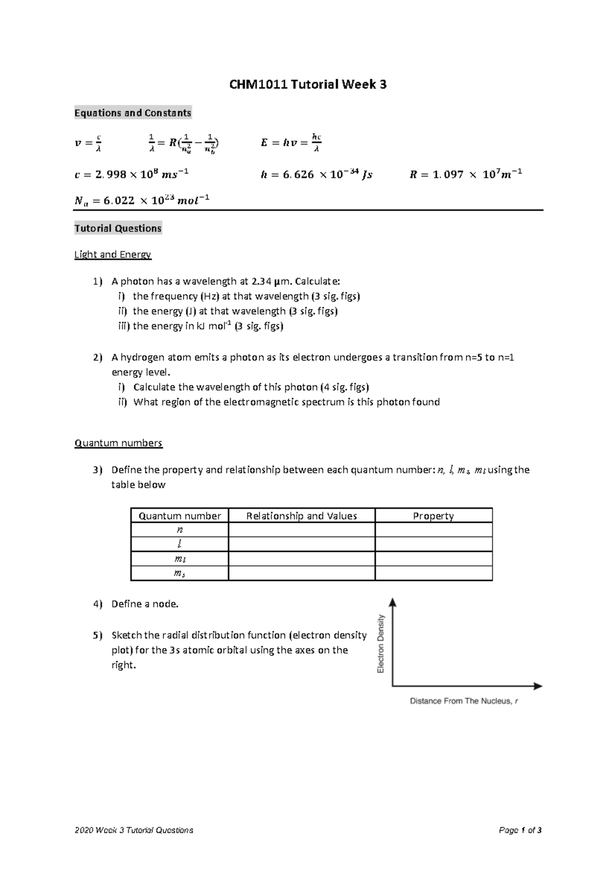 CHM1011 2020 W3 tutorial - 2020 Week 3 Tutorial Questions Page 1 of 3 CHM1011 Tutorial Week 3 ...