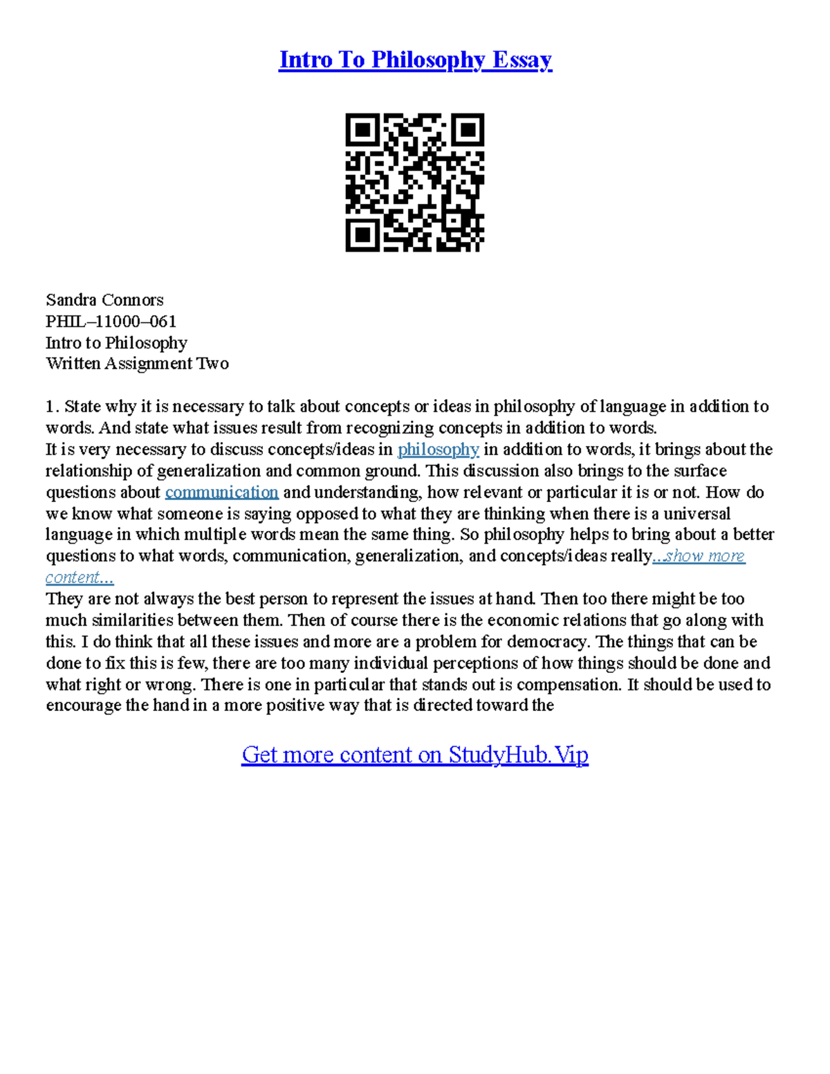 Philosophy Essay - Intro To Philosophy Essay Sandra Connors PHIL–11000 ...